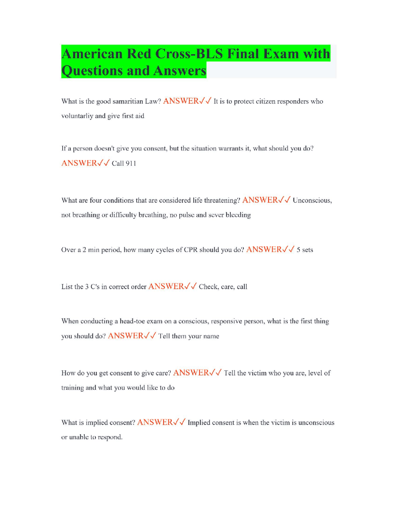 American Red Cross-BLS Final Exam with Questions and Answers | Exams ...