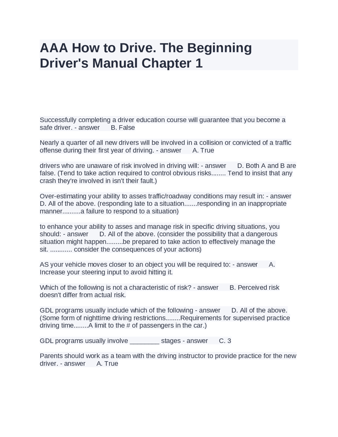 AAA How to Drive. The Beginning Driver's Manual Chapter 1. Questions ...