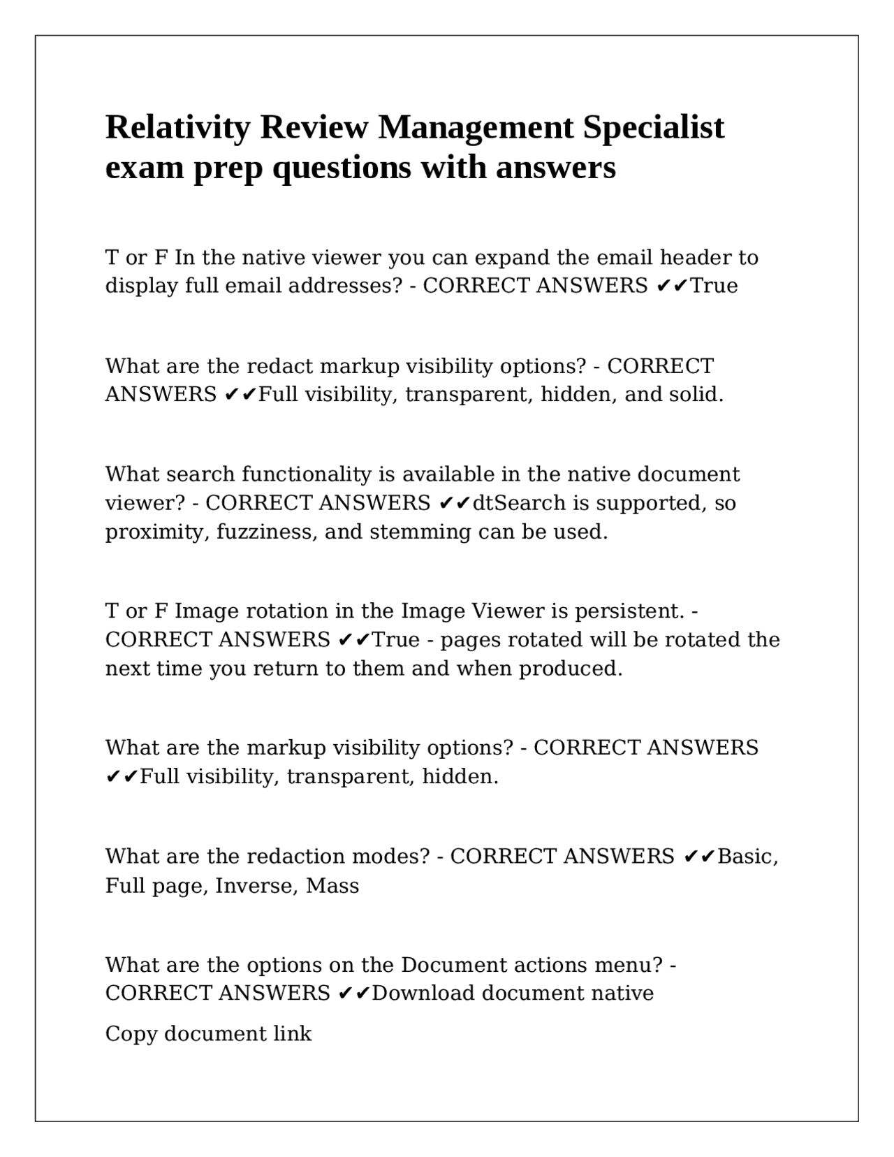 Relativity Review Management Specialist Exam Prep Questions and Answers ...