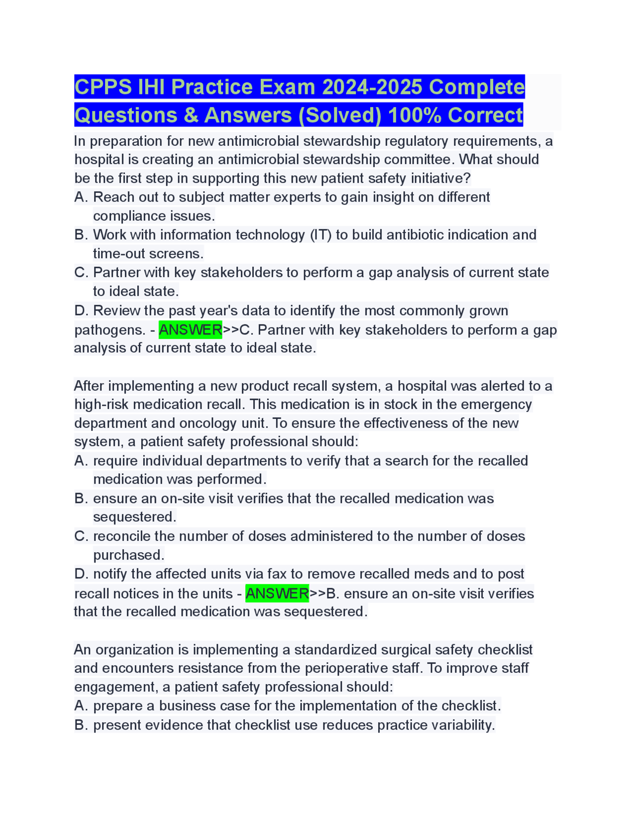 CPPS IHI Practice Exam 2024-2025 Complete Questions & Answers (Solved ...
