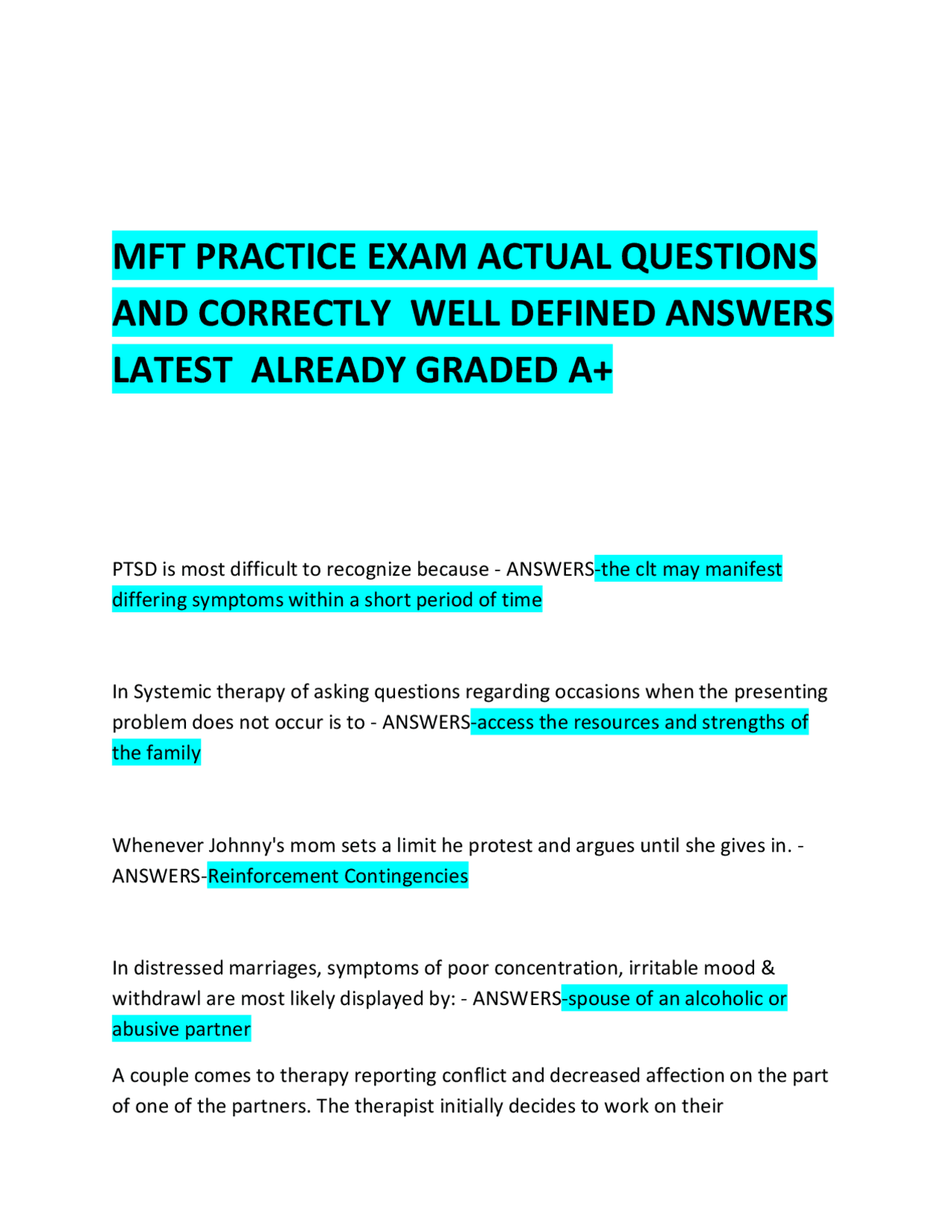 MFT PRACTICE EXAM ACTUAL QUESTIONS AND CORRECTLY WELL DEFINED ANSWERS ...
