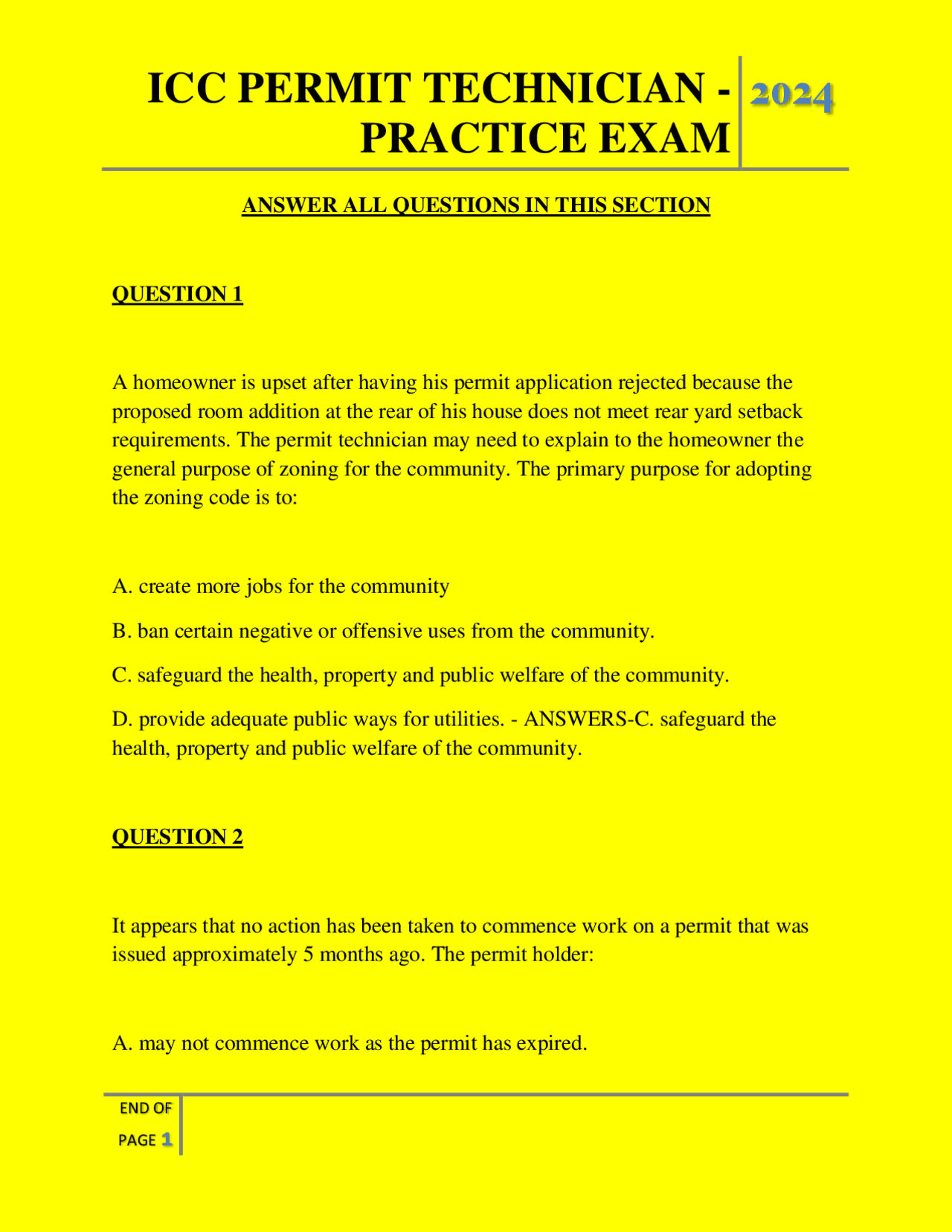 ICC PERMIT TECHNICIAN - PRACTICE EXAM QUESTIONS AND ANSWERS 2025 ...