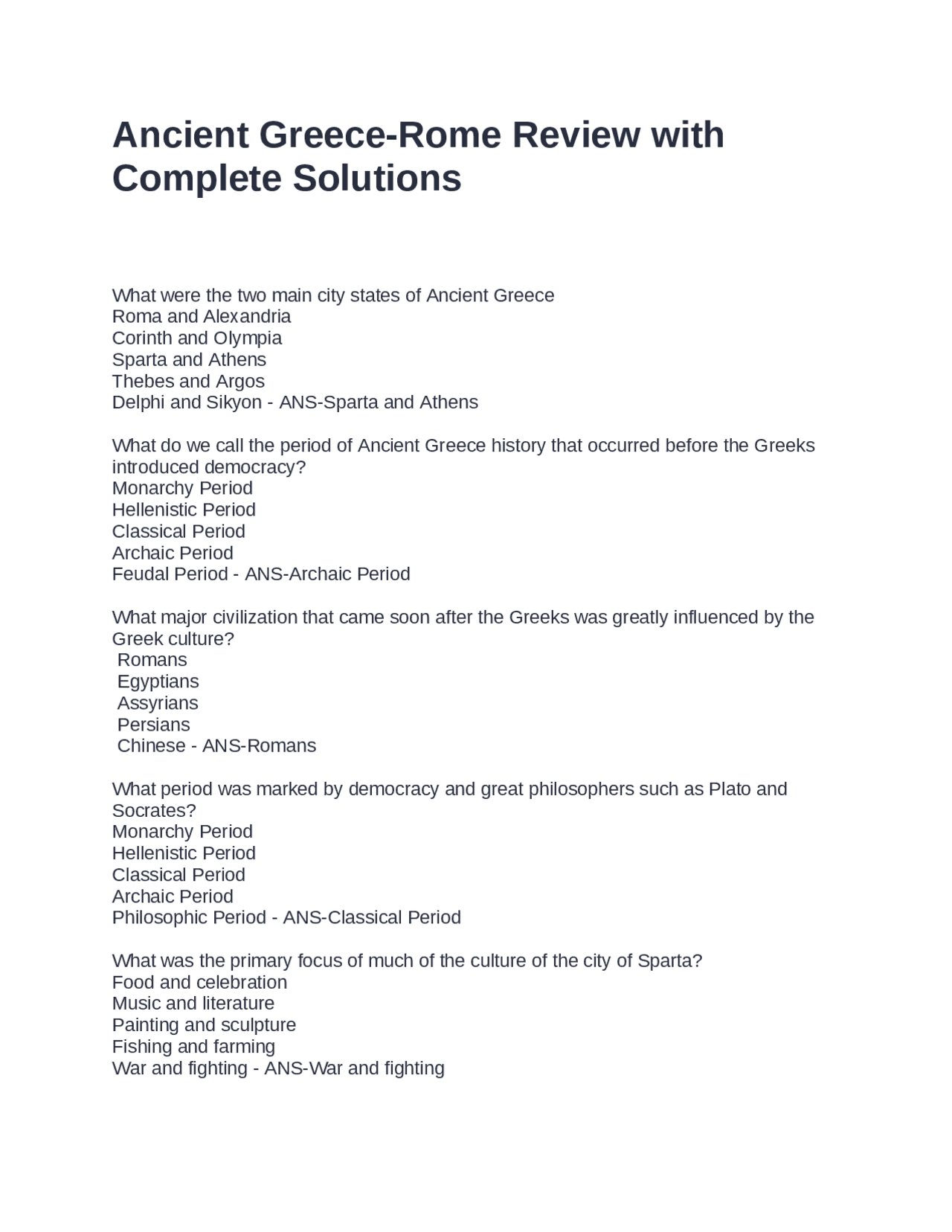 Ancient Greece and Rome Review with Complete Solutions | Exams Advanced ...