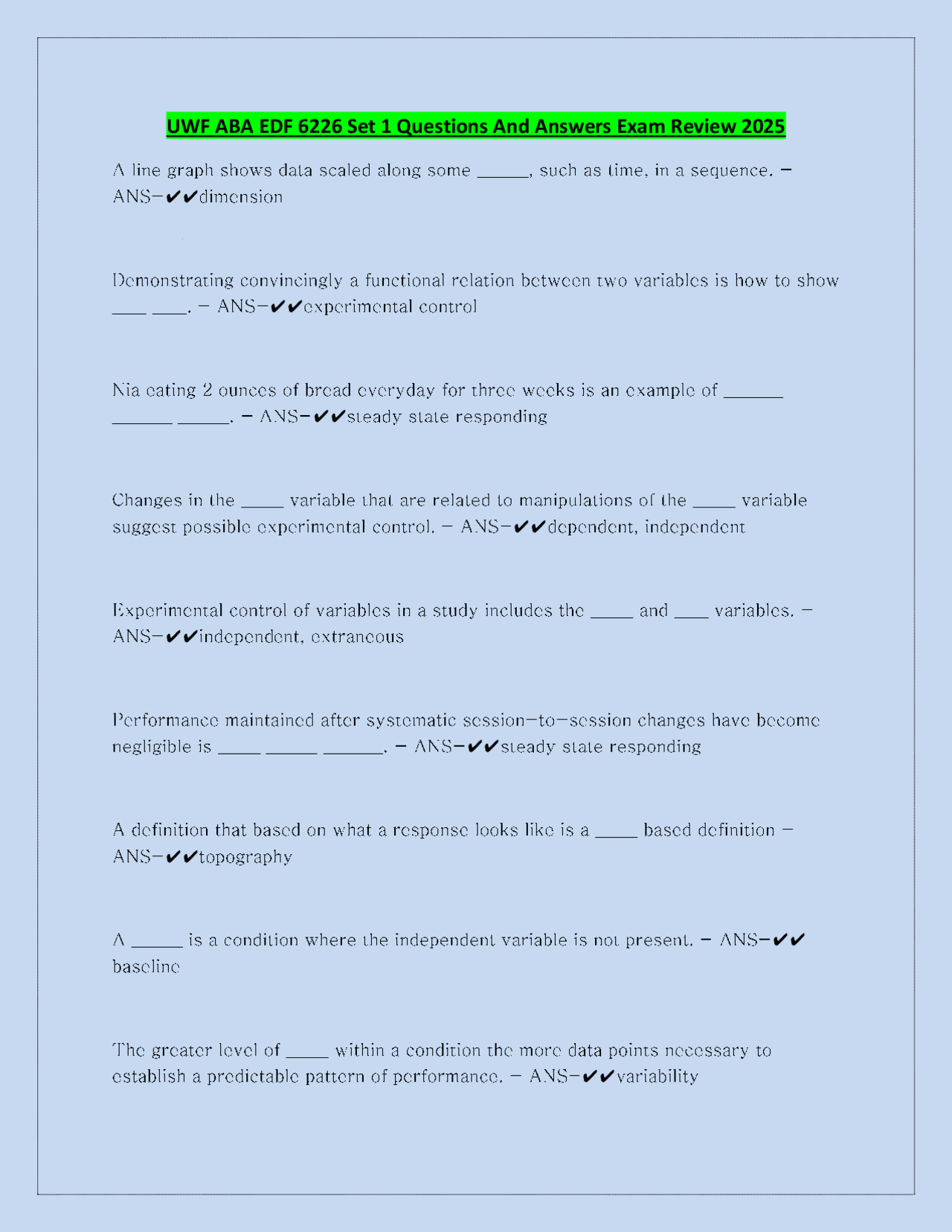 UWF ABA EDF 6226 Set 1 Questions And Answers Exam Review 2025 | Exams ...