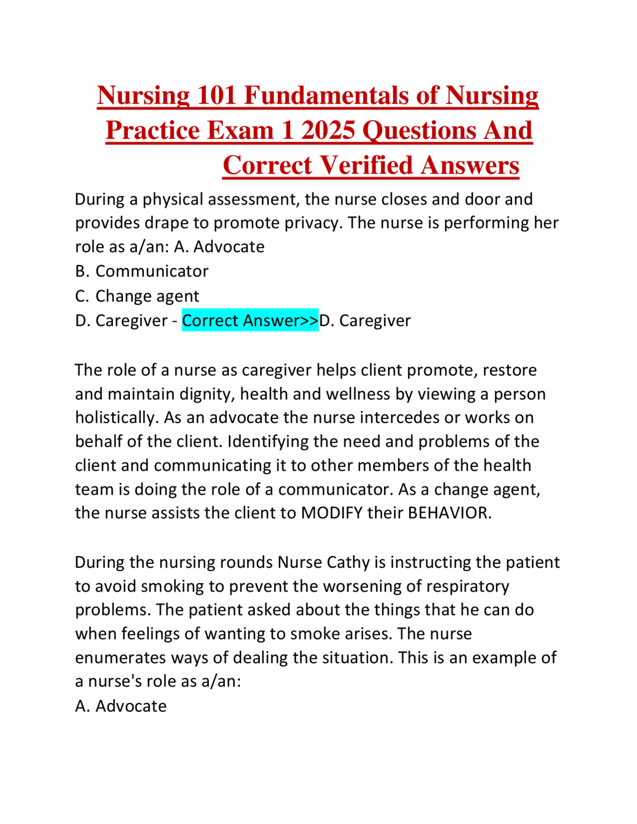 Nursing 101 Fundamentals of Nursing Practice Exam 1: Questions and ...