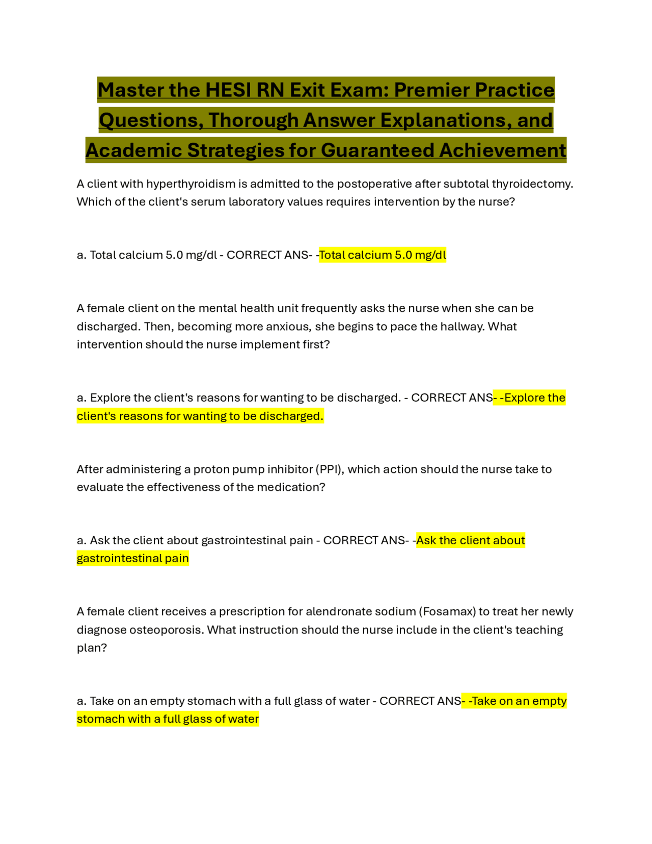 H.E.S.I RN Exit Exam: Premier Practice Questions, Thorough Answer ...