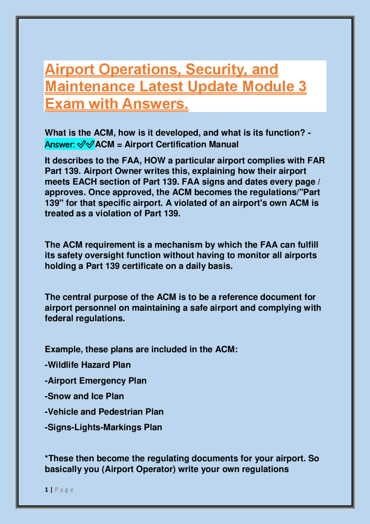 Airport Operations, Security, and Maintenance: Exam with Answers ...