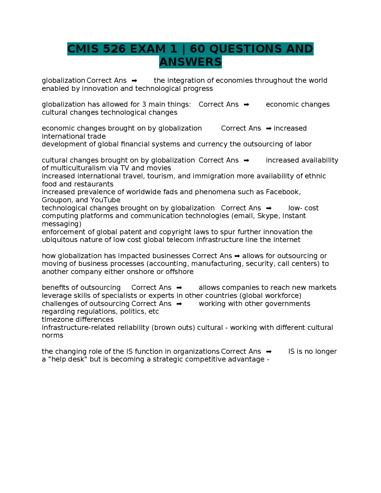 CMIS 526 Exam 1: 60 Questions and Answers on Globalization, IS, and ...