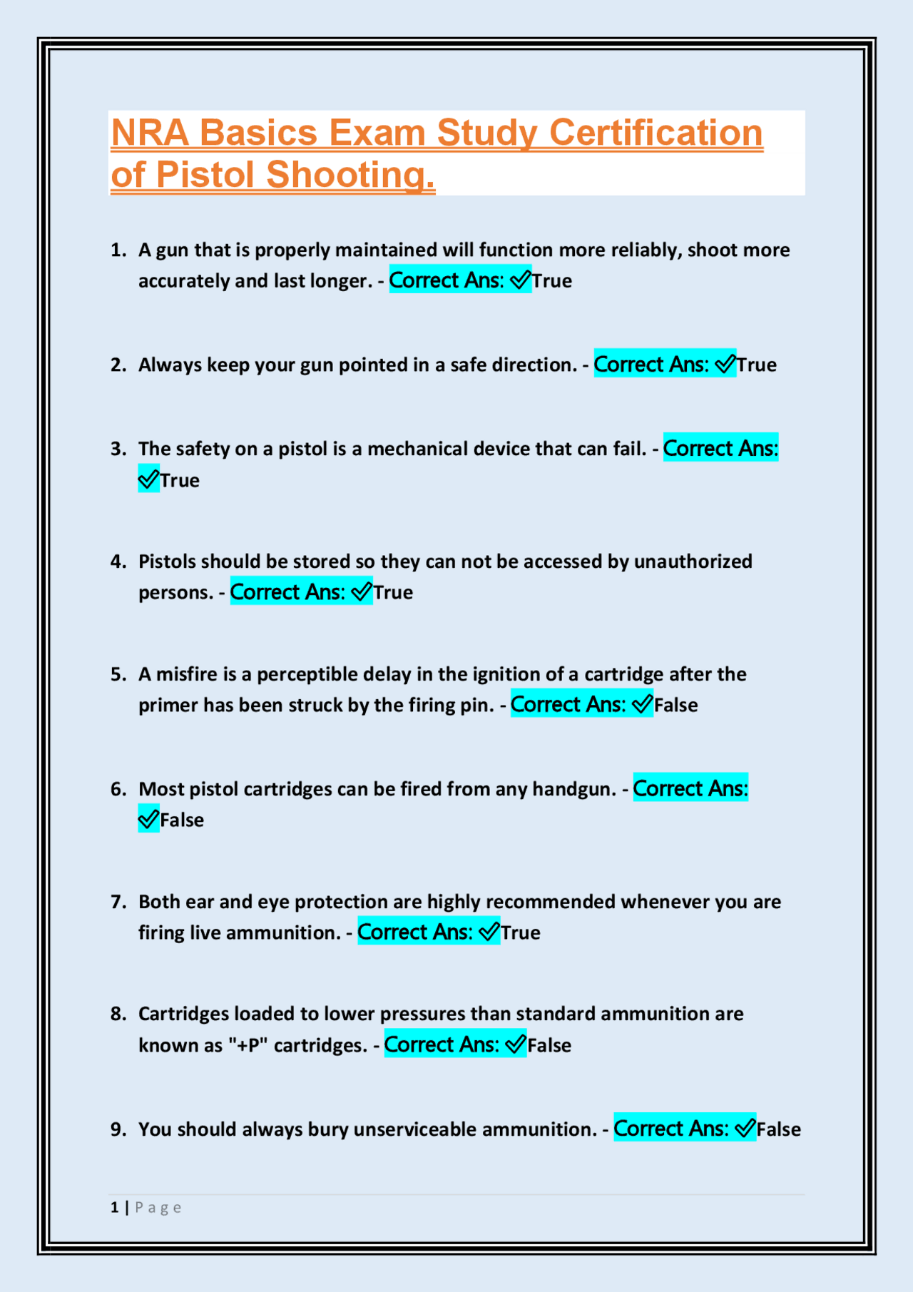 NRA Pistol Shooting Basics Exam Study Guide: Multiple Choice Questions ...