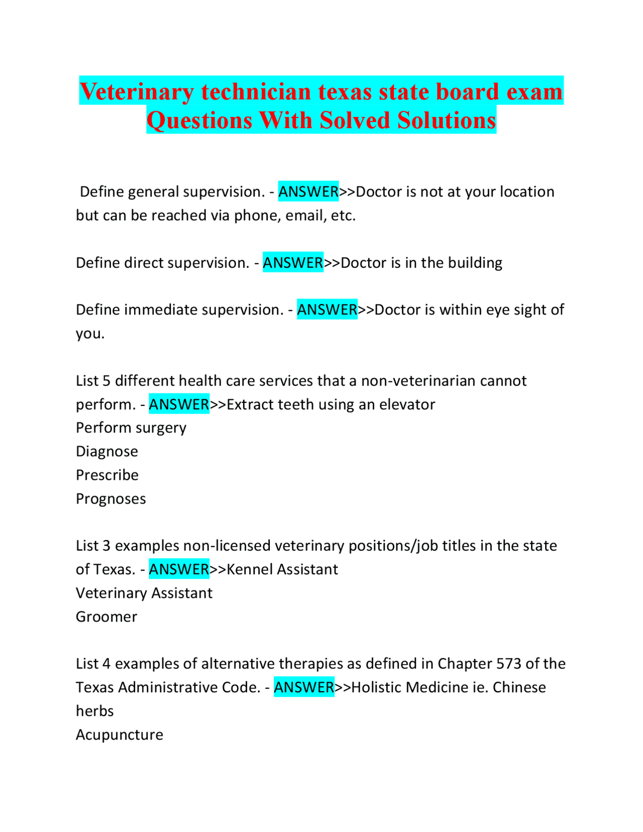 Veterinary Technician Texas State Board Exam: Questions and Solved ...