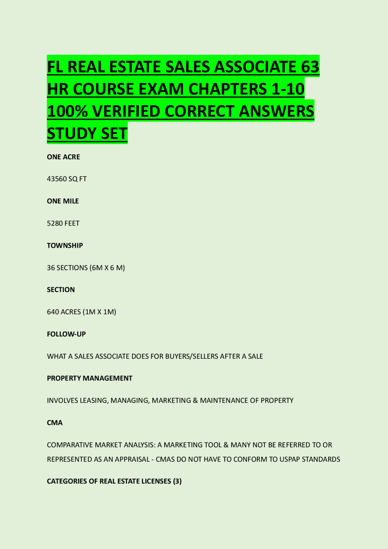 FL REAL ESTATE SALES ASSOCIATE 63 HR COURSE EXAM CHAPTERS 1-10 100% ...