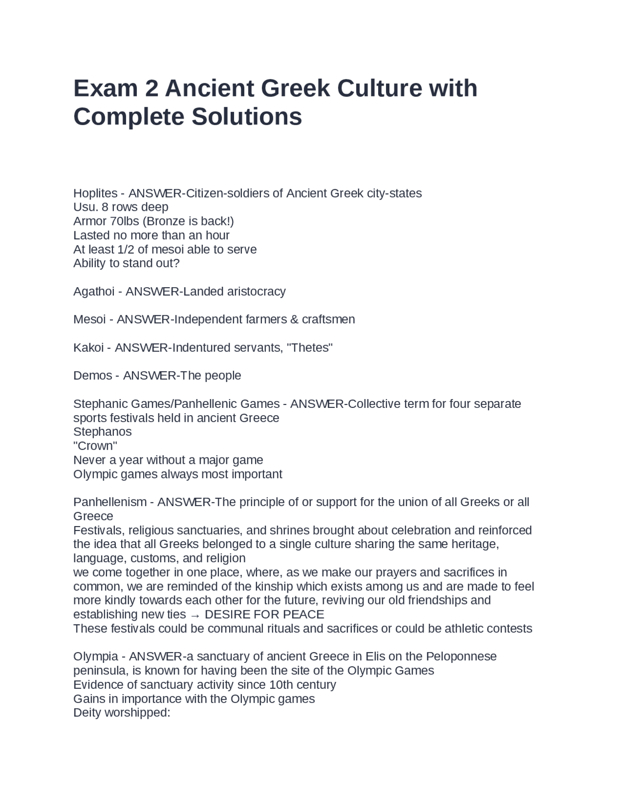 Exam 2 Ancient Greek Culture with Complete Solutions | Exams Advanced ...