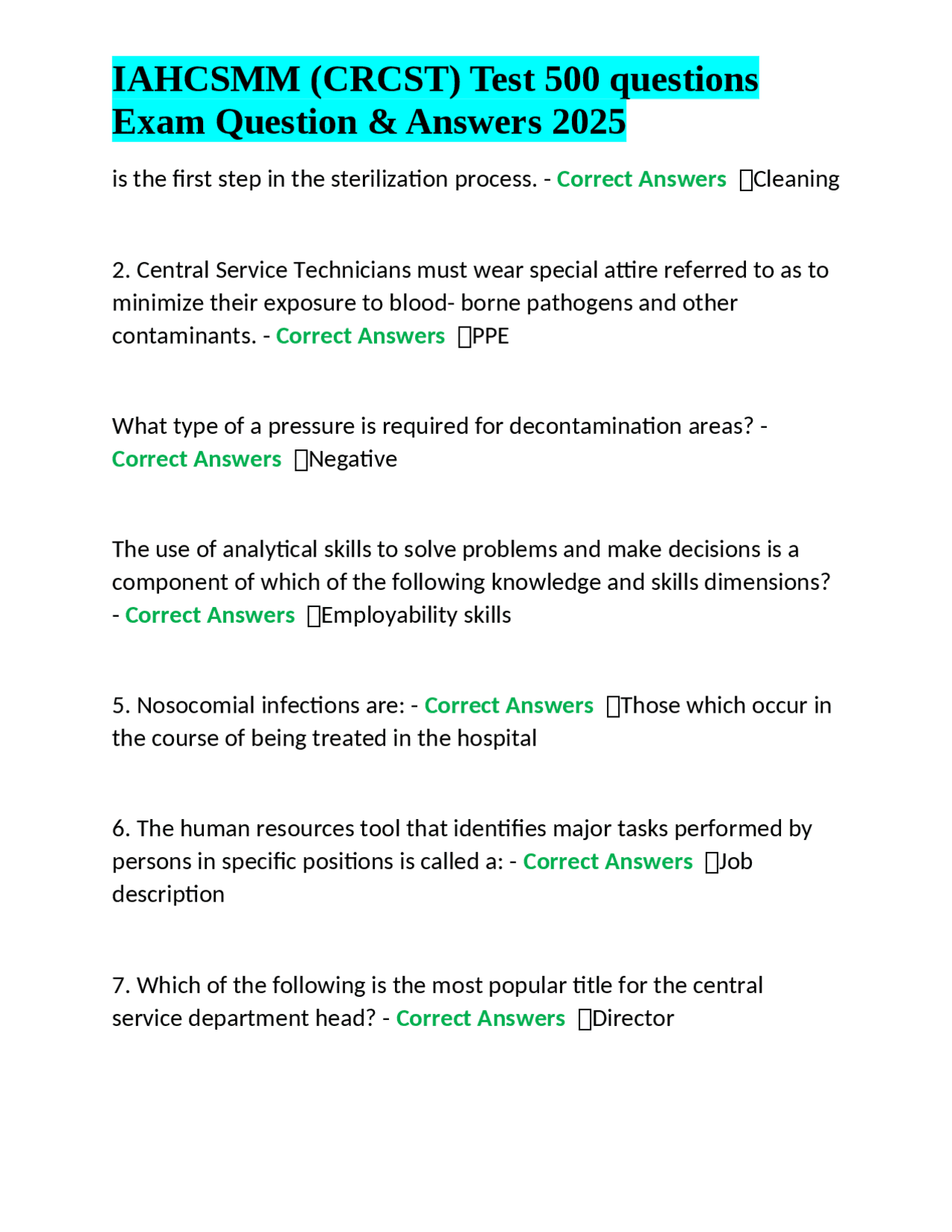 IAHCSMM (CRCST) Test 500 Questions: Exam Questions & Answers 2025 ...