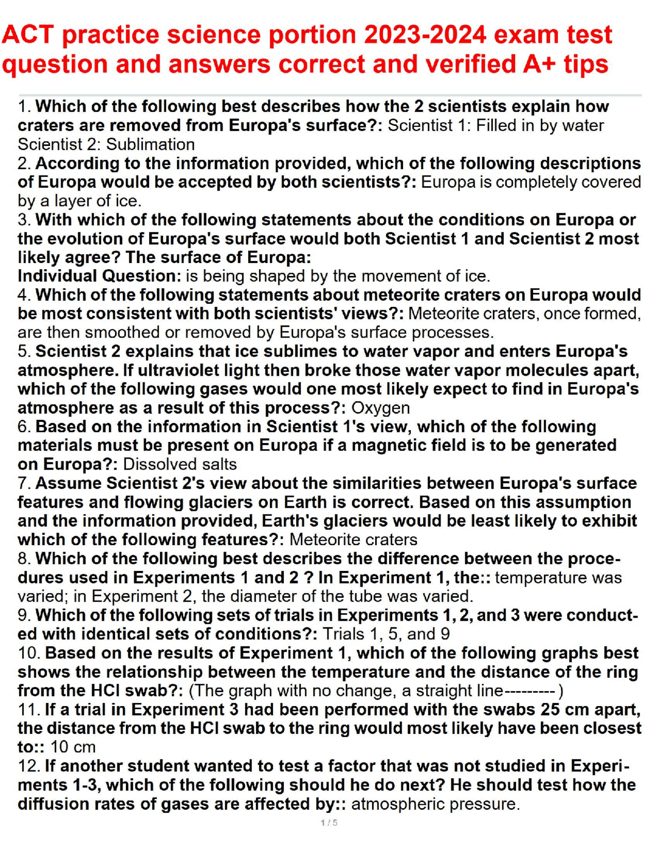 ACT practice science portion 2023-2024 exam test question and answers ...