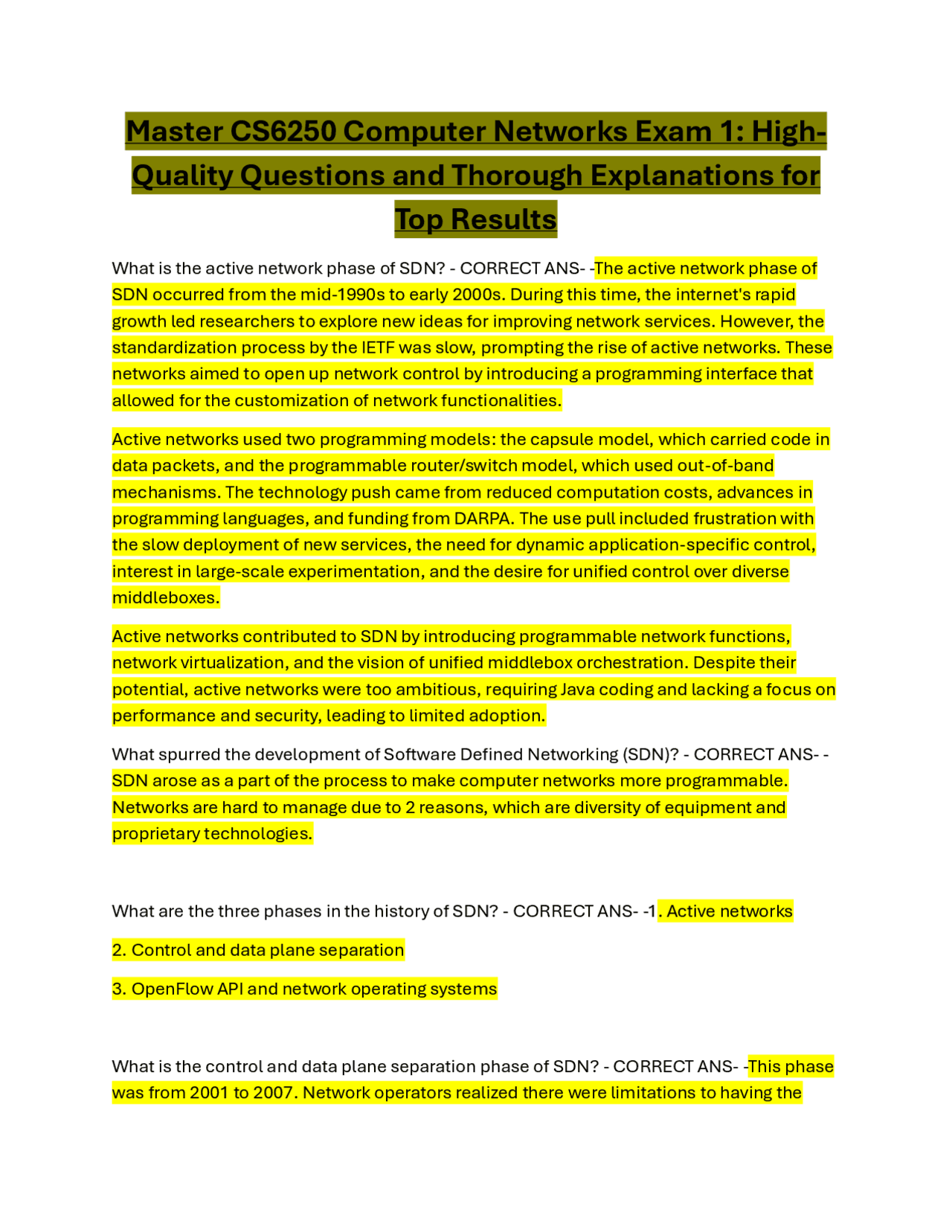 Mastering Computer Networks: SDN Exam 1 Questions & Answers | Exams Computer Networks | Docsity
