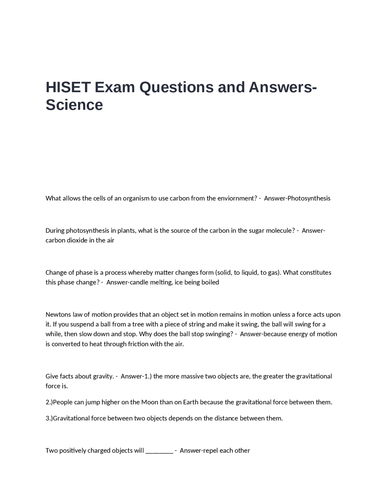 HISET Exam Questions and Answers: Science | Exams Nursing | Docsity