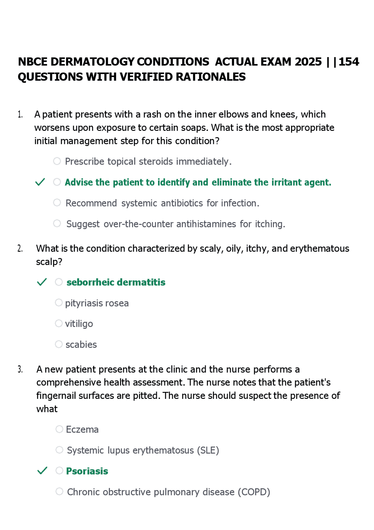 NBCE Dermatology Conditions Actual Exam 2025: 154 Questions with ...