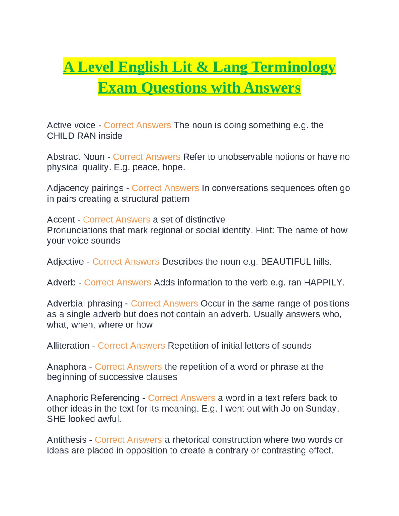 A Level English Literature and Language Terminology: Exam Questions ...