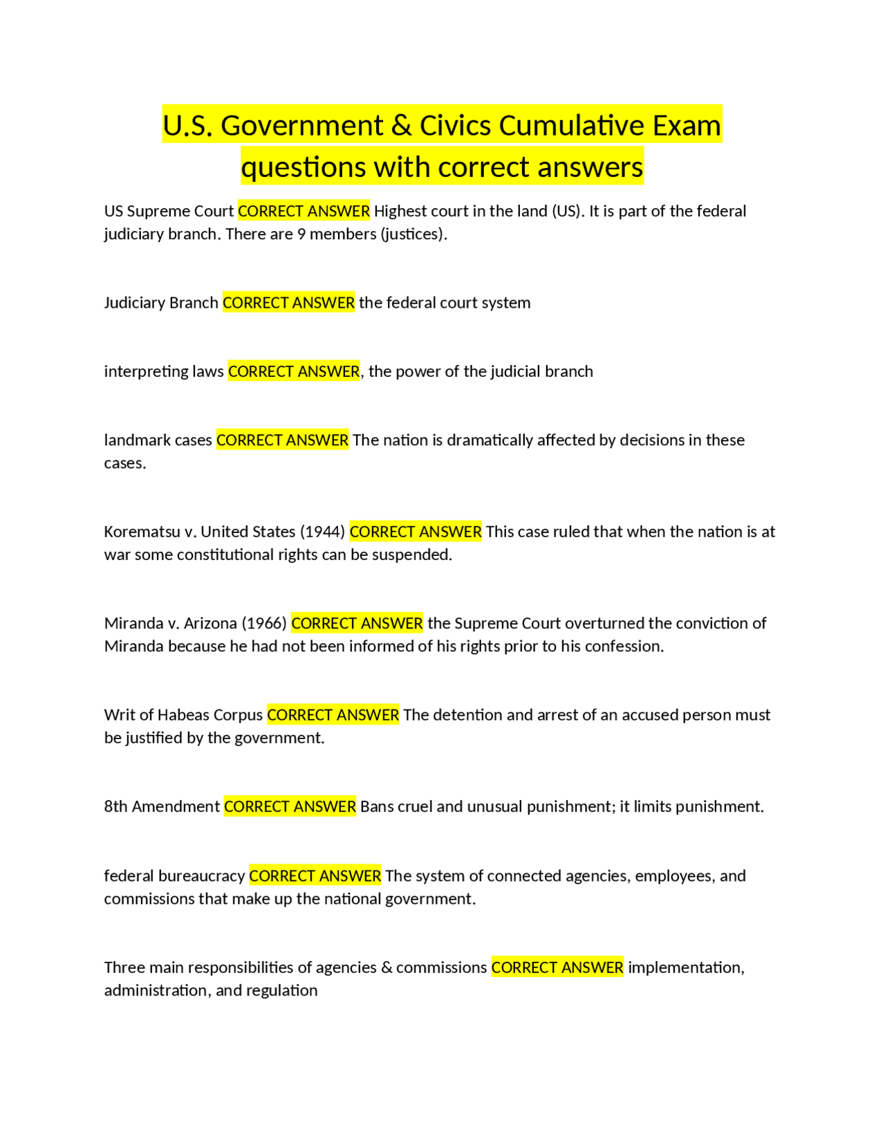 U.S. Government & Civics Cumulative Exam: Questions and Answers | Exams ...