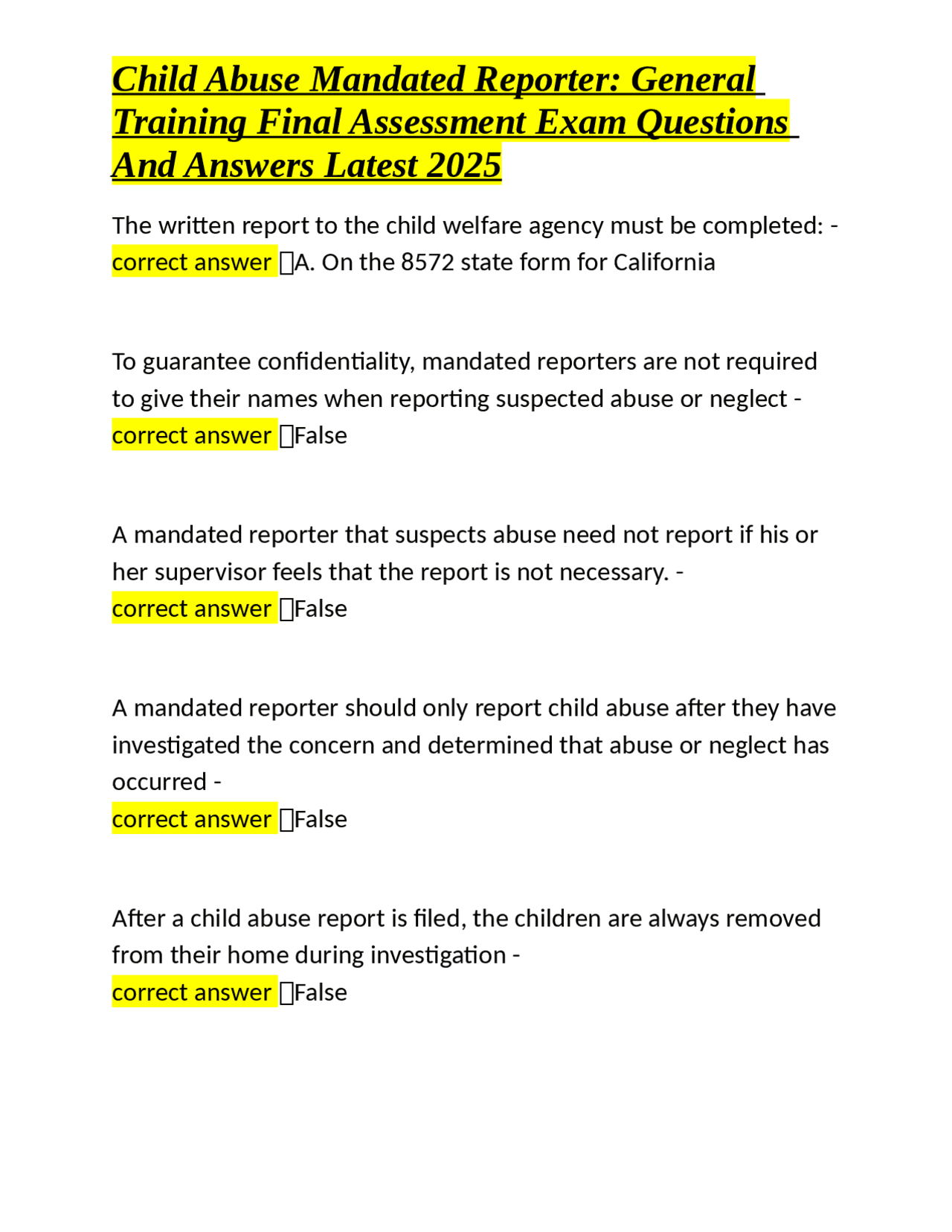 Child Abuse Mandated Reporter Training: Final Assessment Exam Questions ...