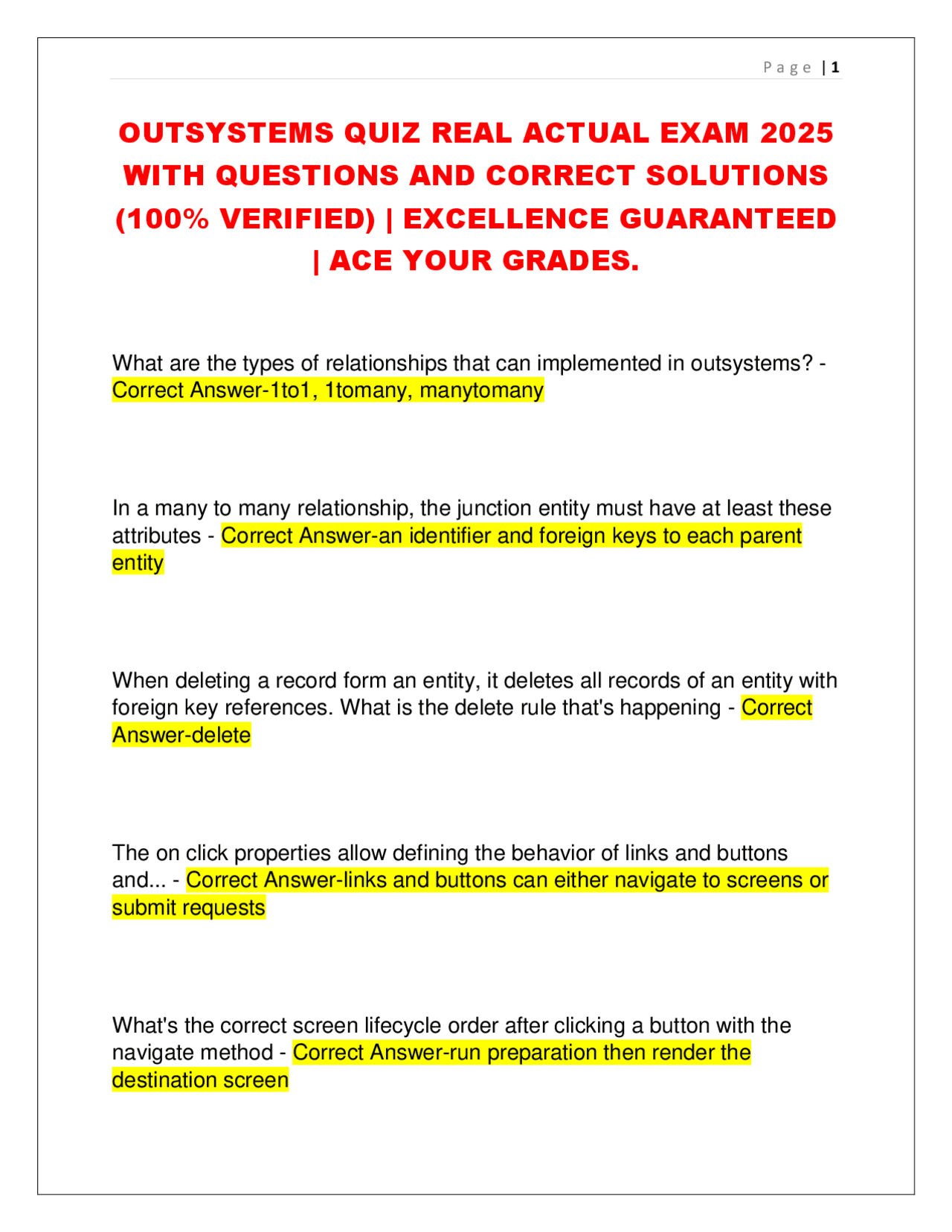 OUTSYSTEMS QUIZ REAL ACTUAL EXAM 2025 WITH QUESTIONS AND CORRECT SOLUTIONS. | Exams Advanced ...