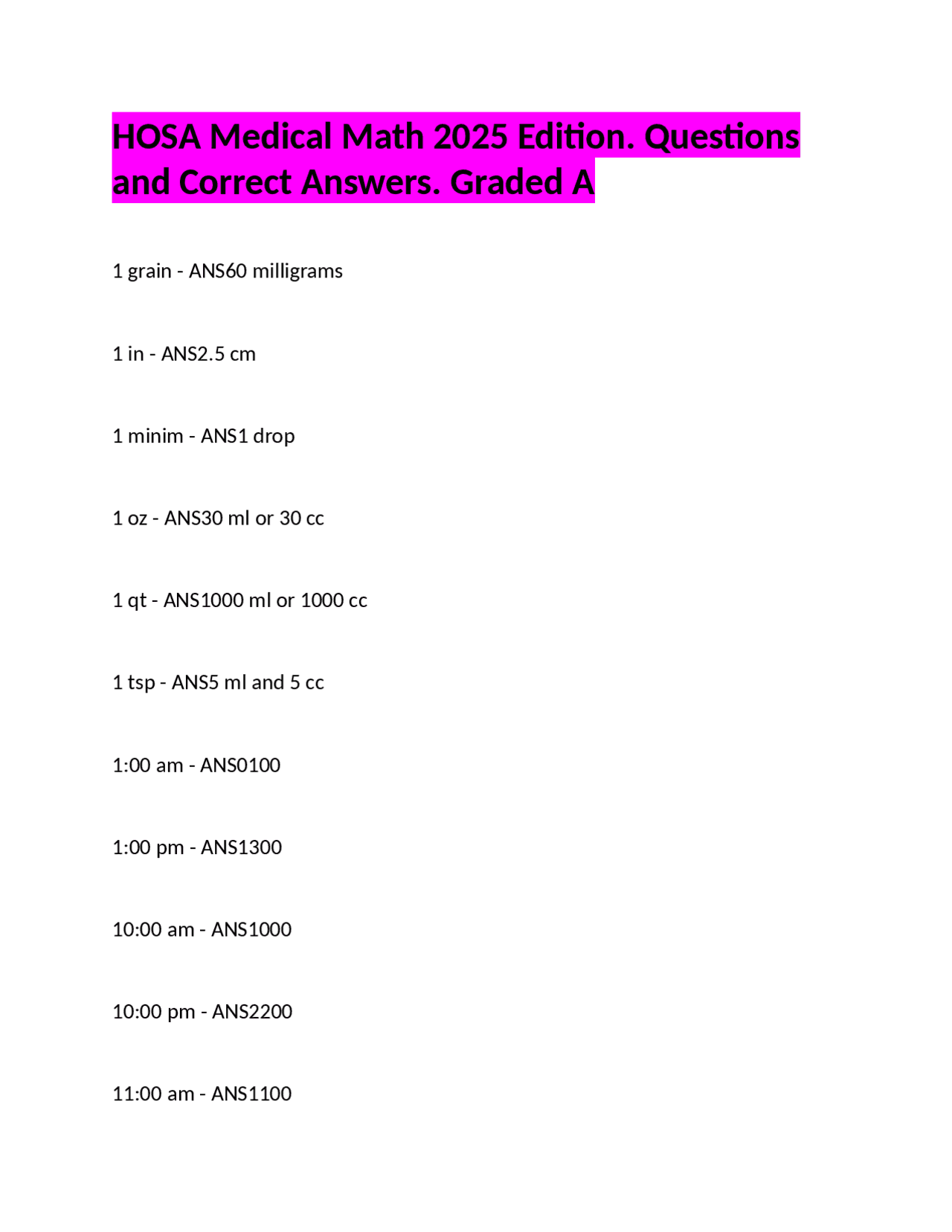 HOSA Medical Math 2025 Edition: Questions and Answers | Exams Health ...