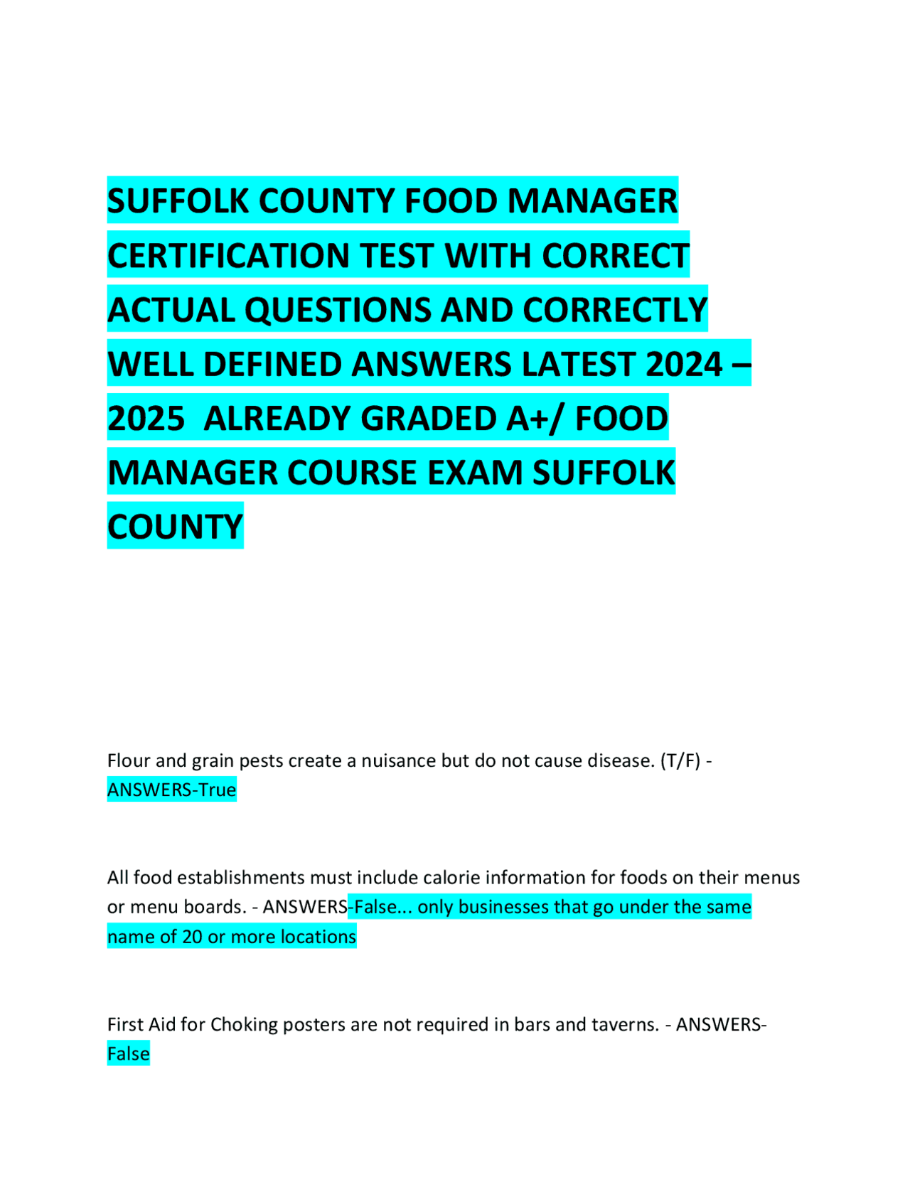 SUFFOLK COUNTY FOOD MANAGER CERTIFICATION TEST WITH CORRECT ACTUAL ...