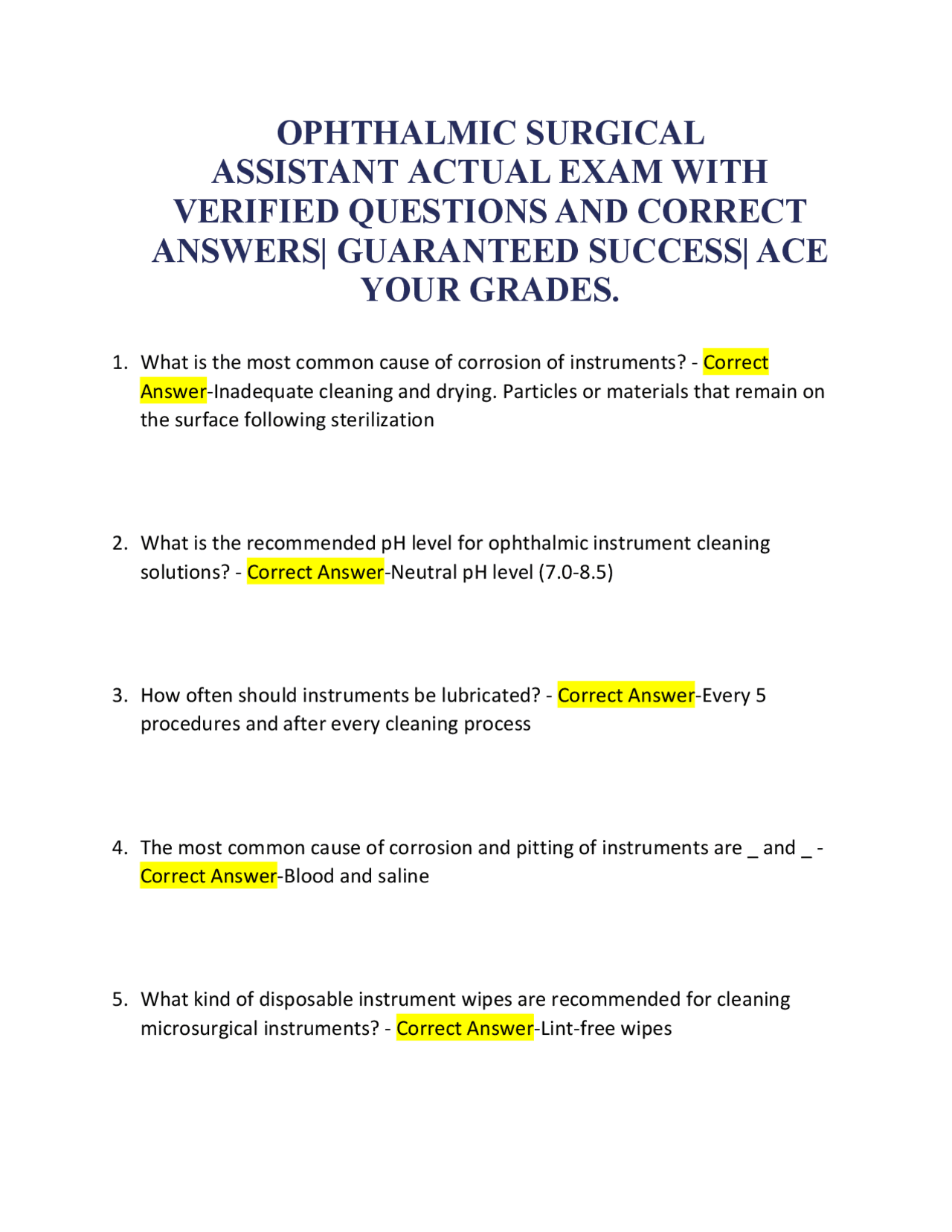 Ophthalmic Surgical Assistant Exam: Verified Questions and Answers ...