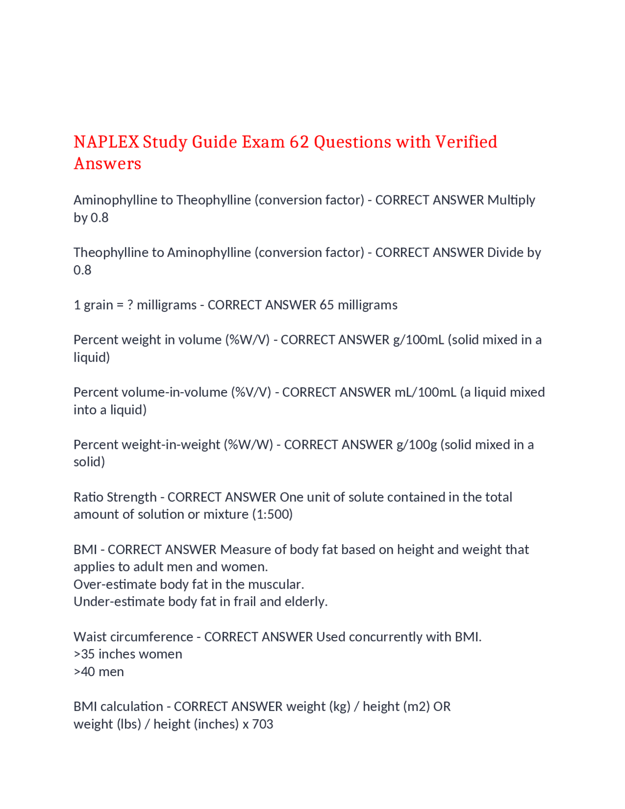 NAPLEX Study Guide: 62 Questions with Verified Answers | Exams Nursing ...