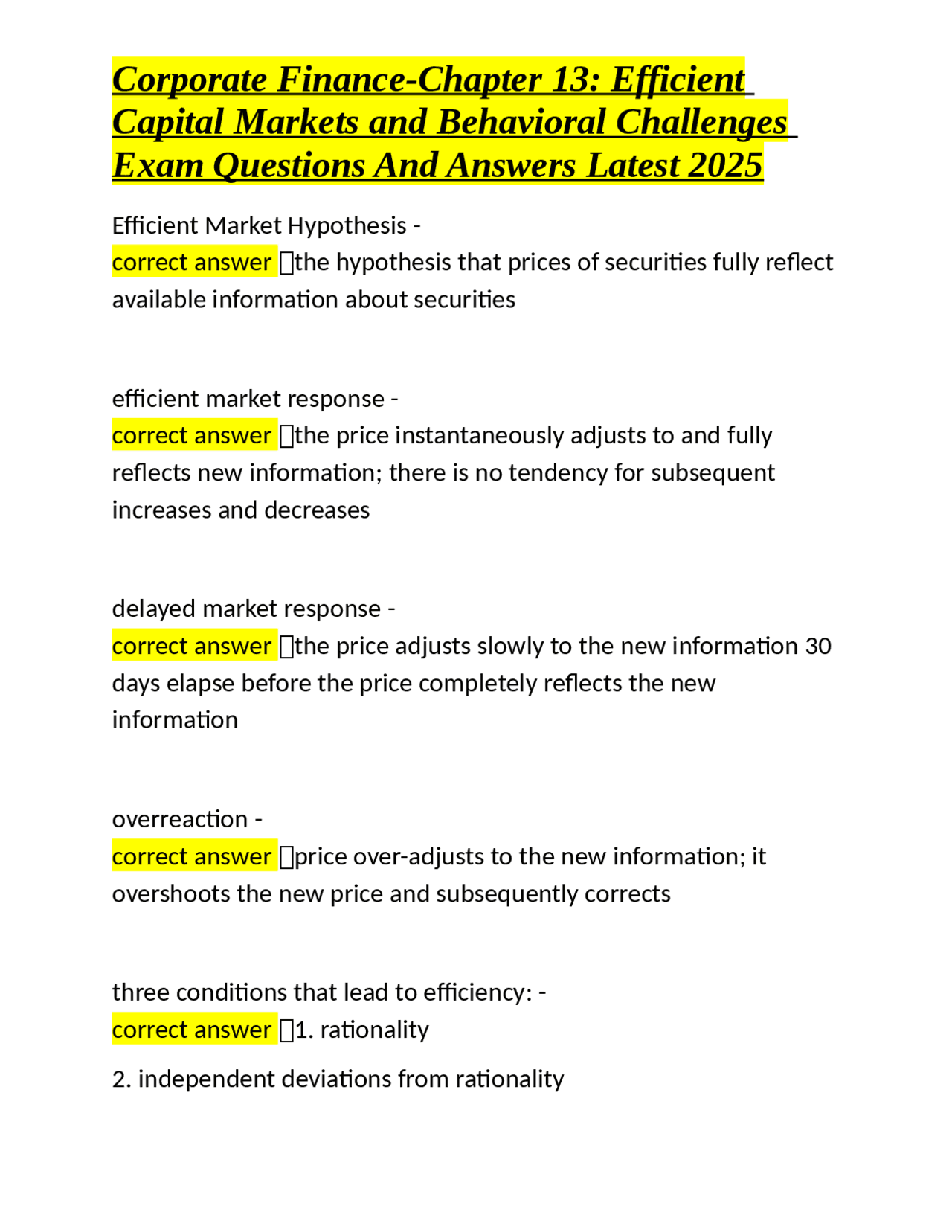 Efficient Capital Markets and Behavioral Challenges: Exam Questions and ...