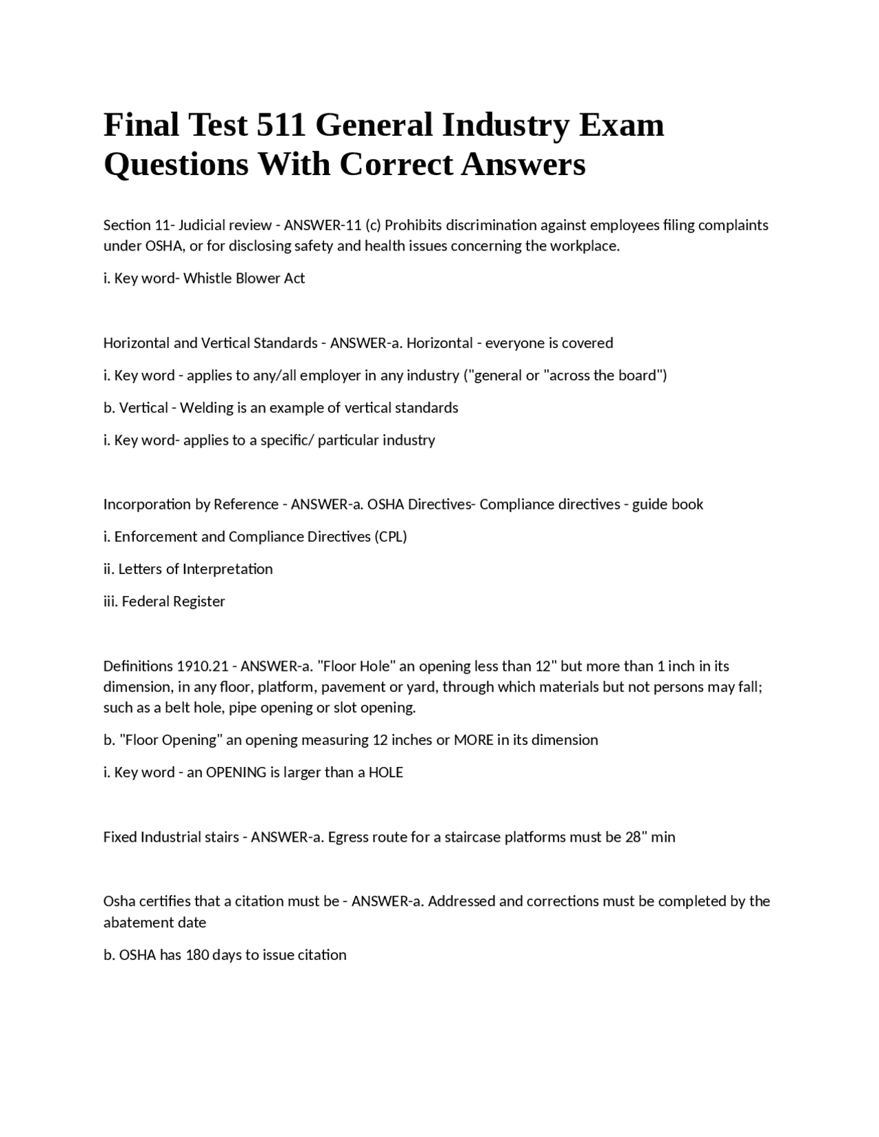 OSHA General Industry Exam Questions and Answers | Exams Industrial ...
