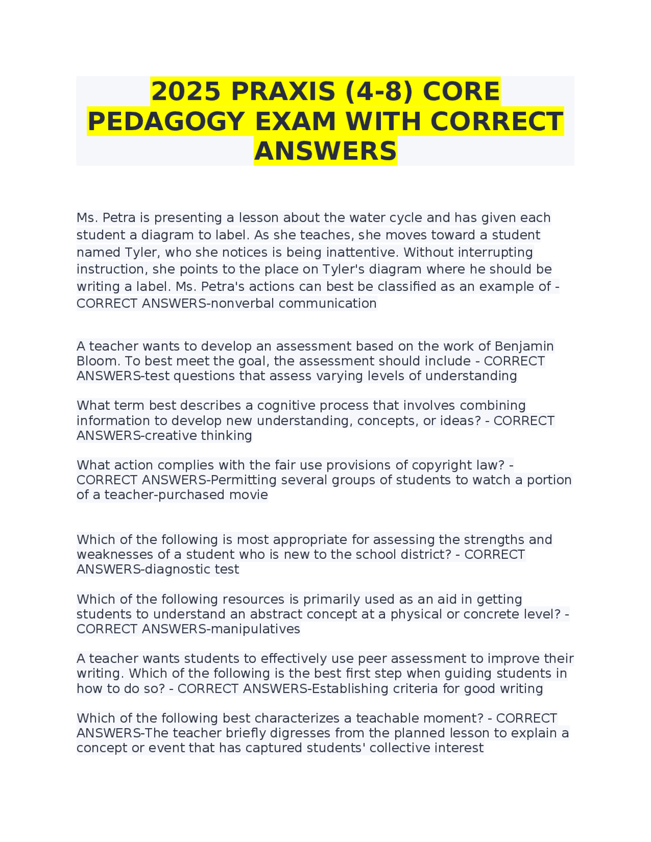 2025 PRAXIS (4-8) CORE PEDAGOGY EXAM WITH CORRECT ANSWERS | Exams ...