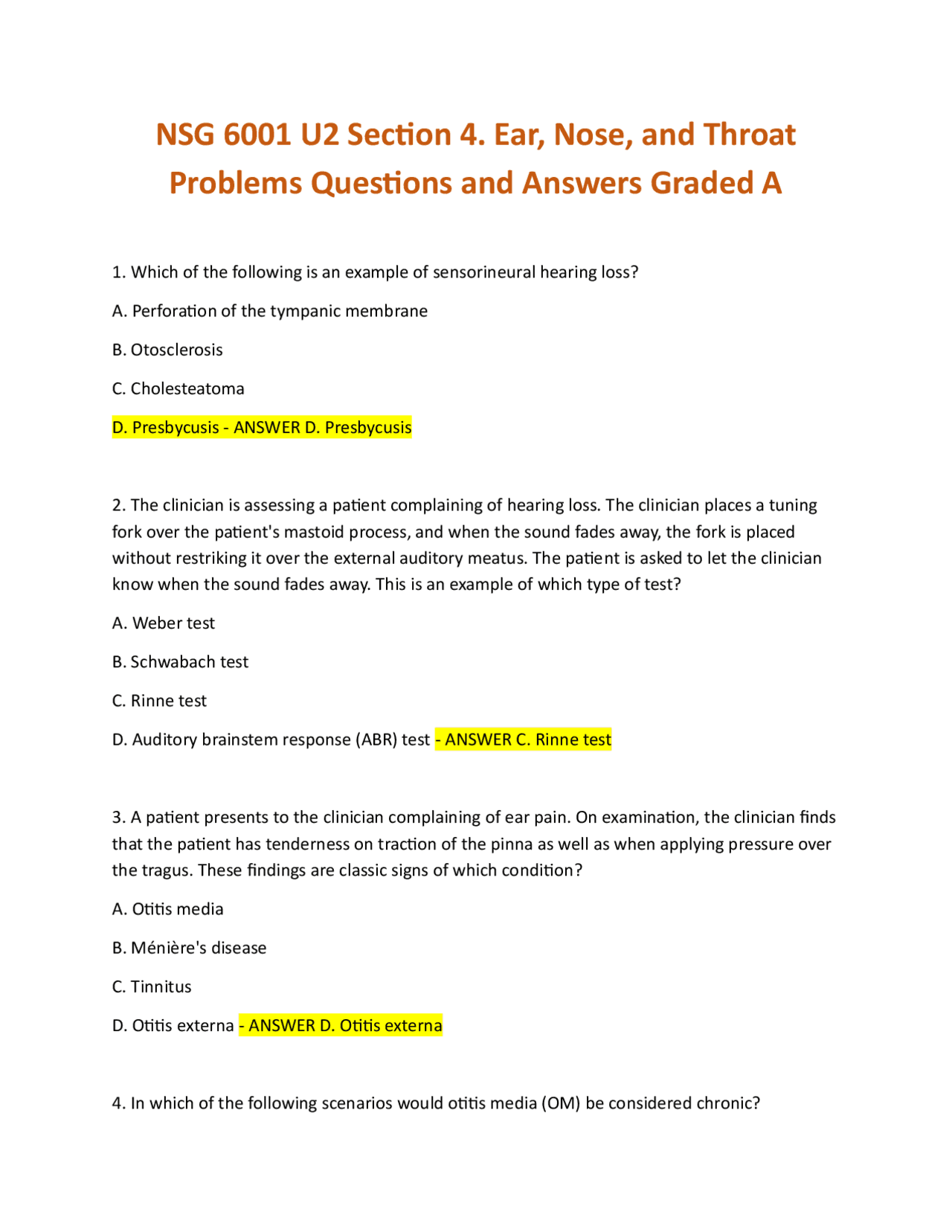 Ear, Nose, and Throat Problems: Questions and Answers for NSG 6001 U2 ...