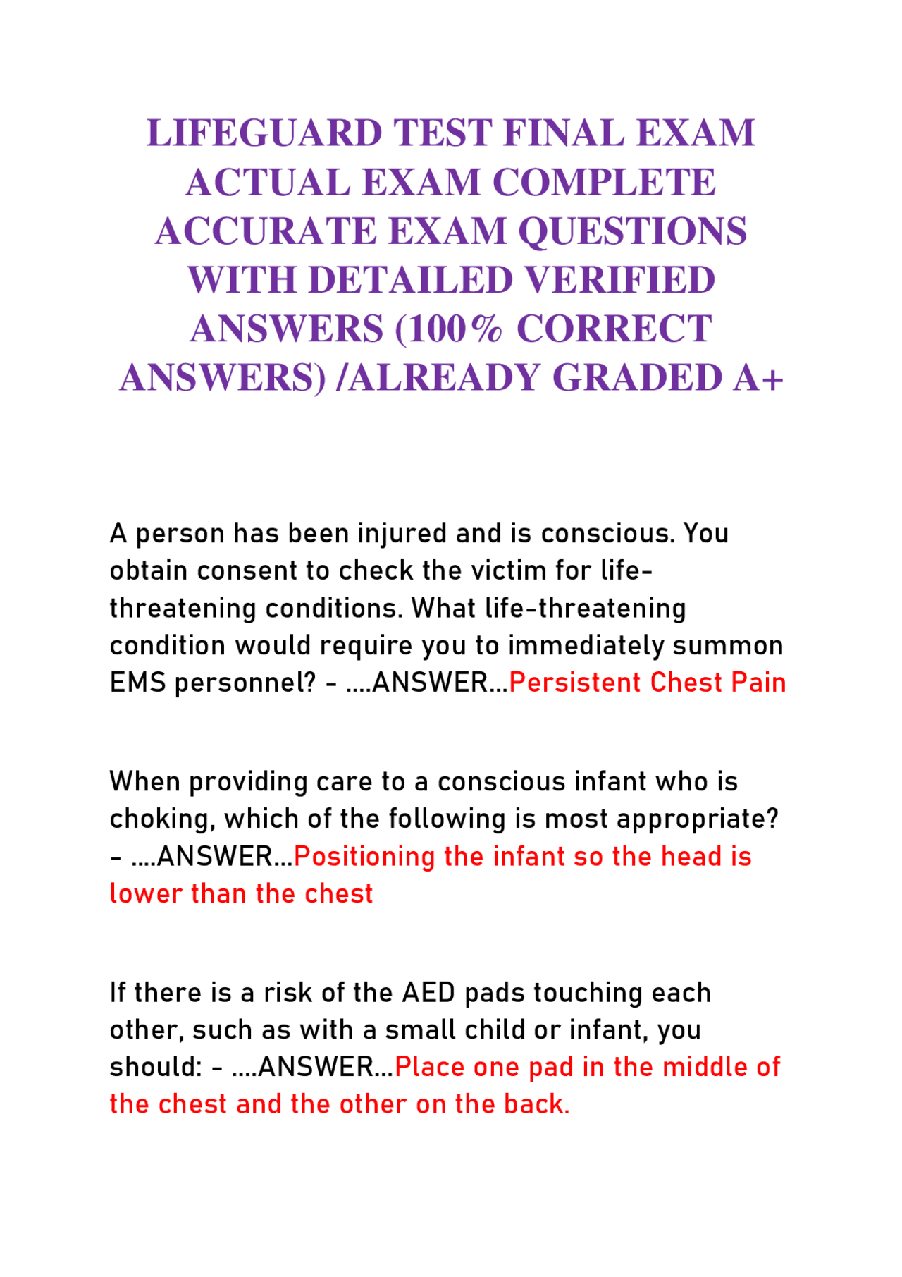 LIFEGUARD TEST FINAL EXAM ACTUAL EXAM COMPLETE ACCURATE EXAM QUESTIONS ...