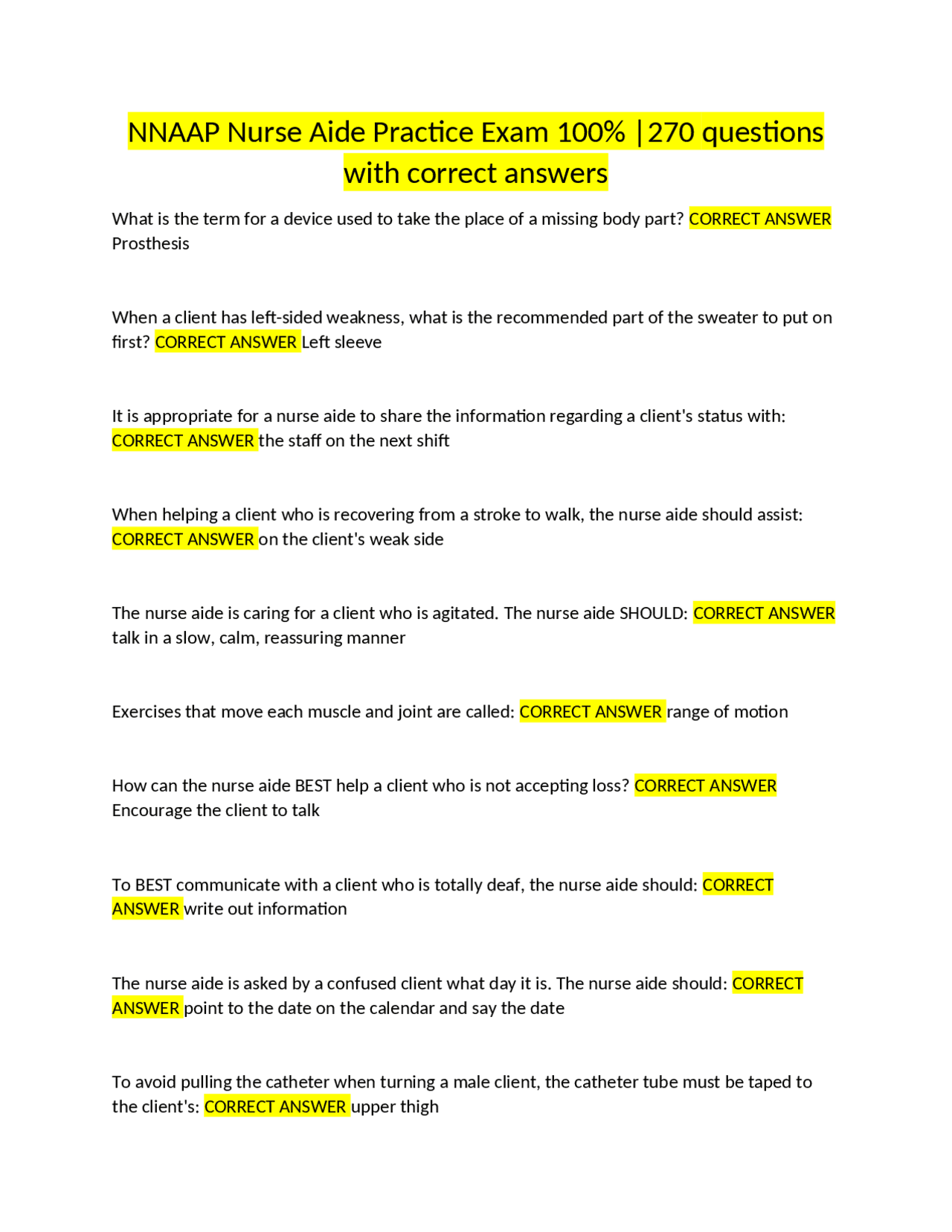 NNAAP Nurse Aide Practice Exam: 100% | 270 Questions with Correct ...