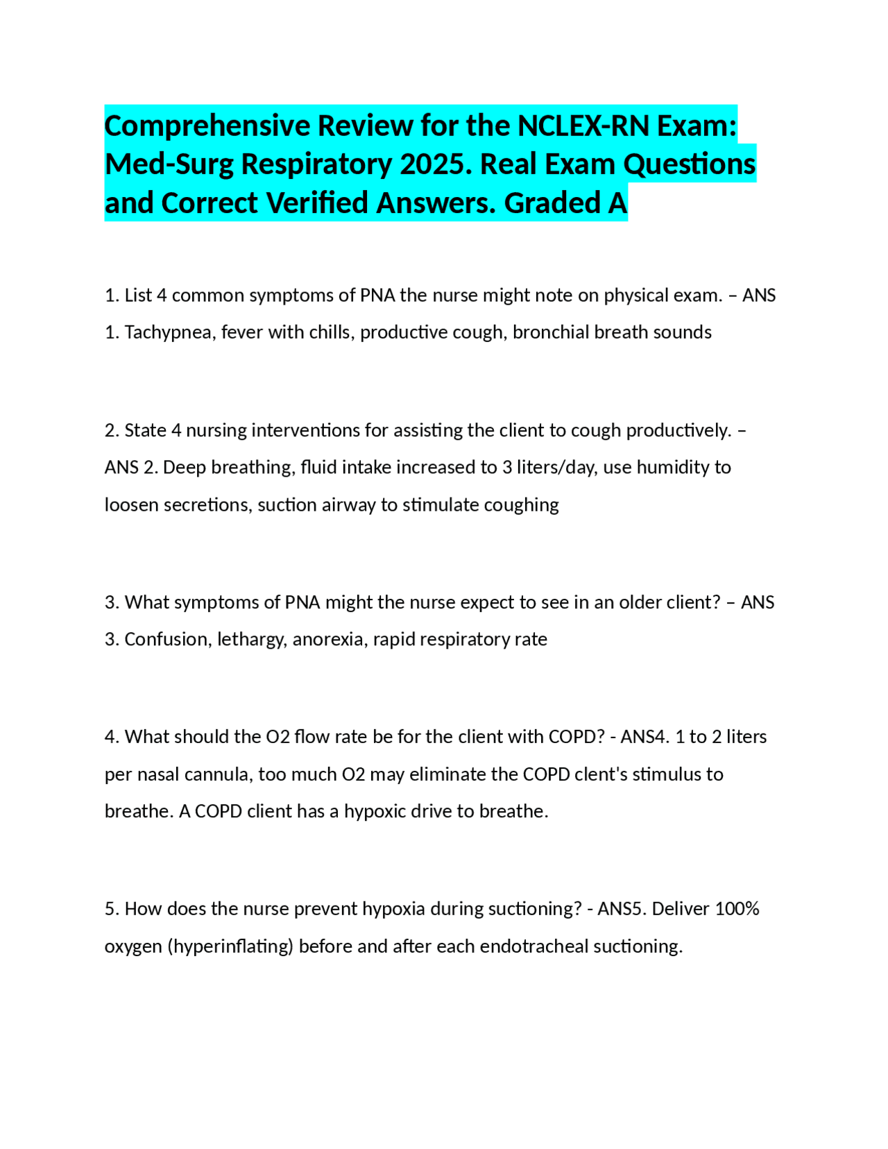 NCLEX-RN Exam Review: Med-Surg Respiratory 2025 | Exams Nursing | Docsity
