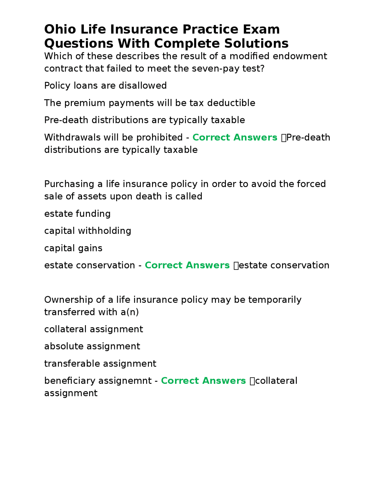 Ohio Life Insurance Practice Exam Questions With Complete Solutions ...