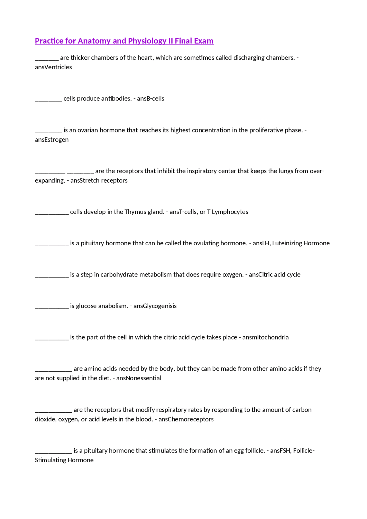 Anatomy and Physiology II Final Exam Practice Questions | Exercises ...