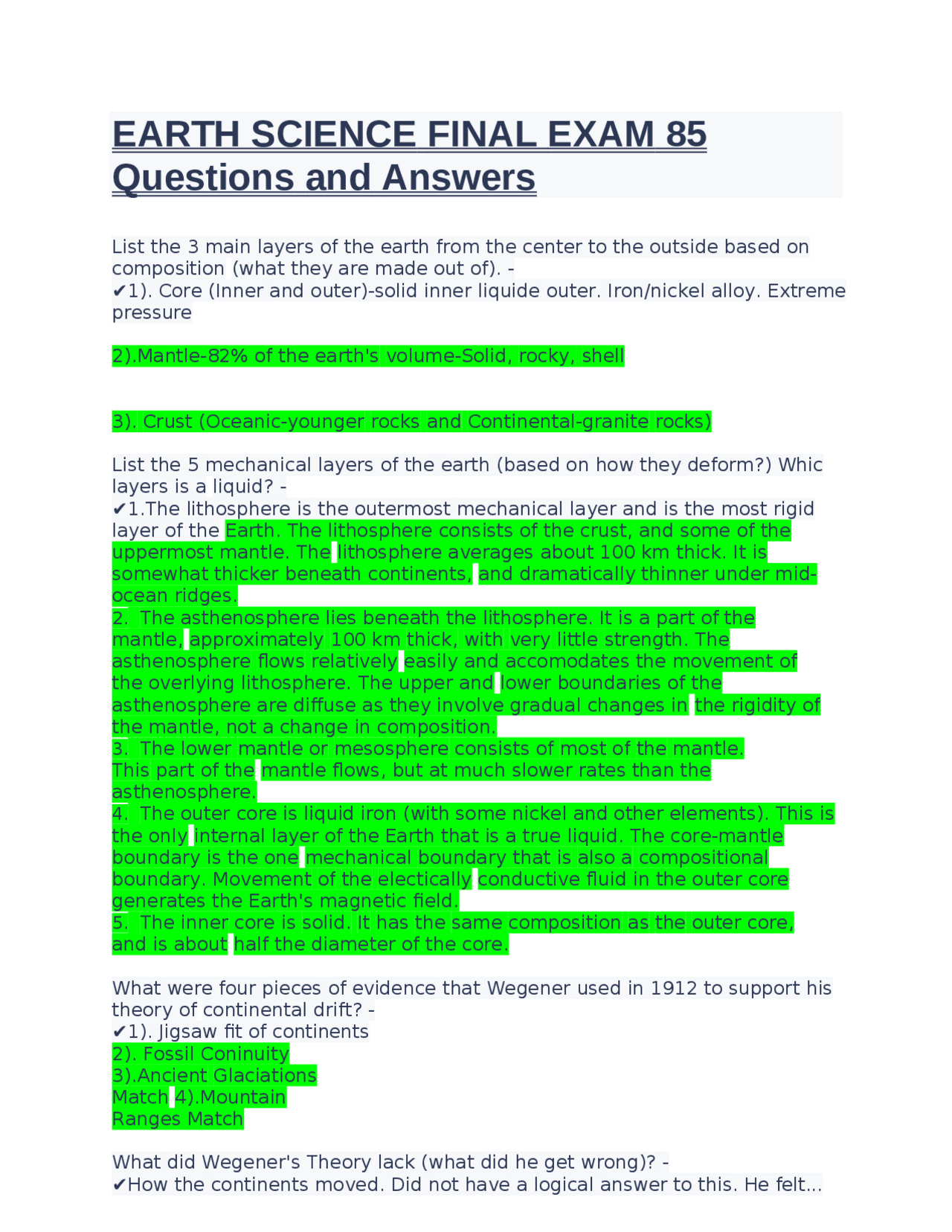 Earth Science Final Exam Questions and Answers | Exams Nursing | Docsity