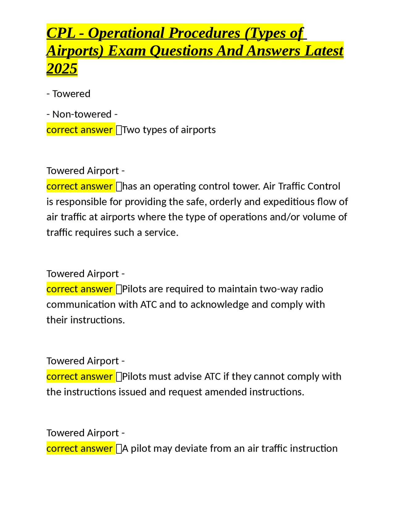 CPL - Operational Procedures (Types of Airports) Exam Questions and ...