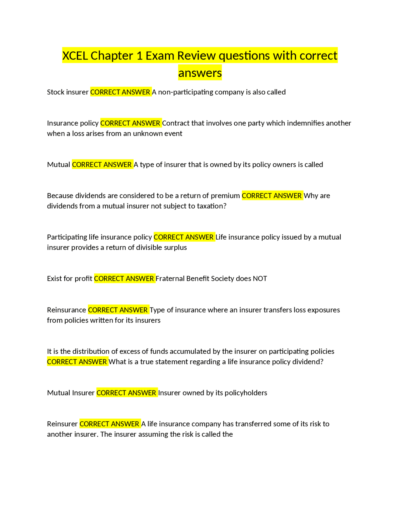 XCEL Chapter 1 Exam Review questions with correct answers | Exams ...