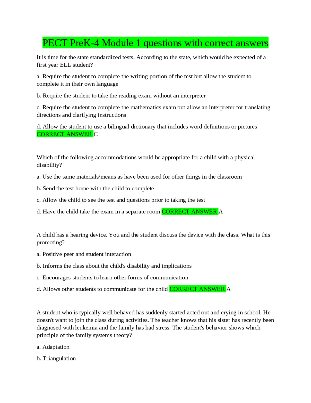 PECT PreK-4 Module 1: Practice Questions and Answers for Educators ...