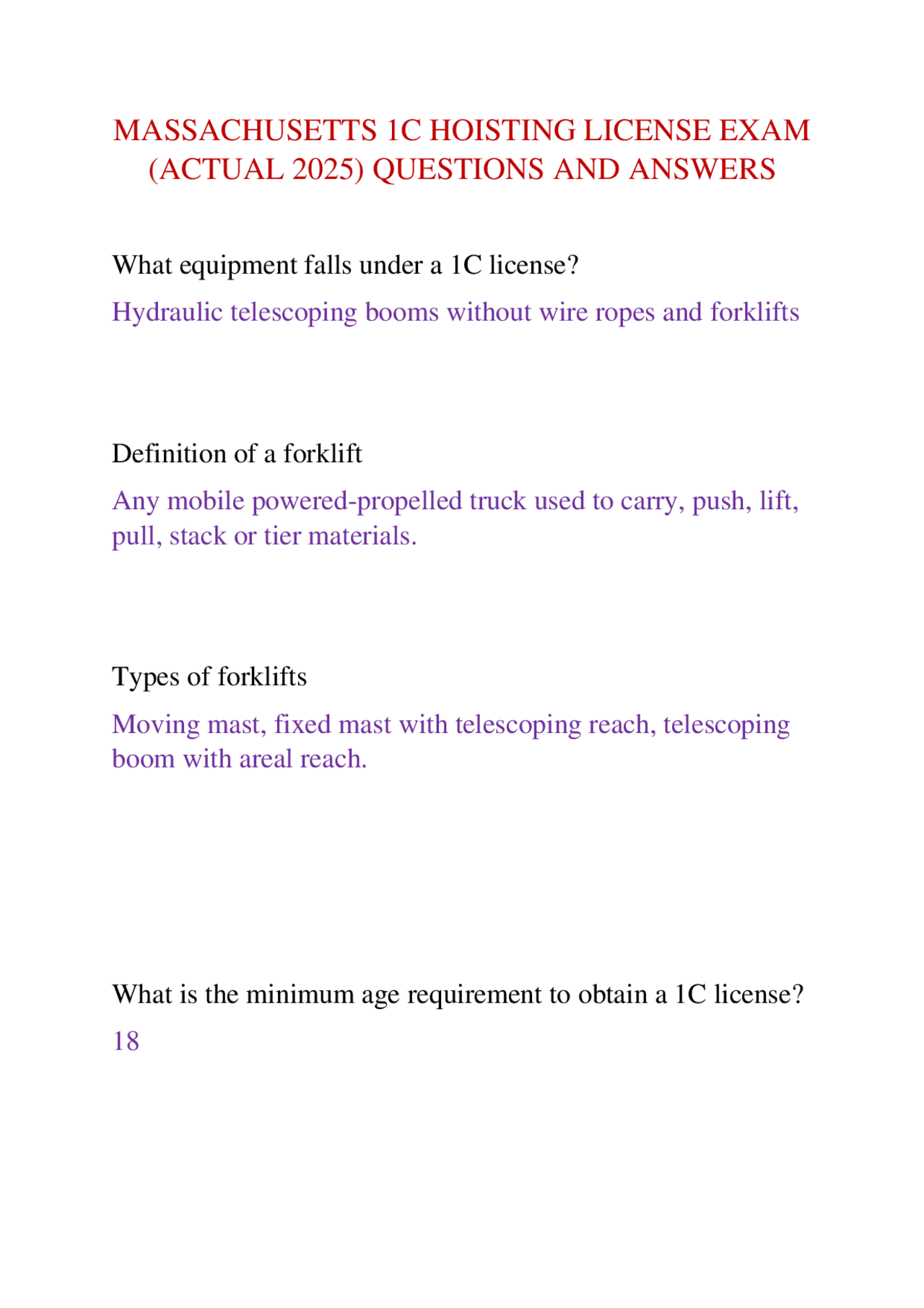 Massachusetts 1C Hoisting License Exam: Questions and Answers (2025 ...