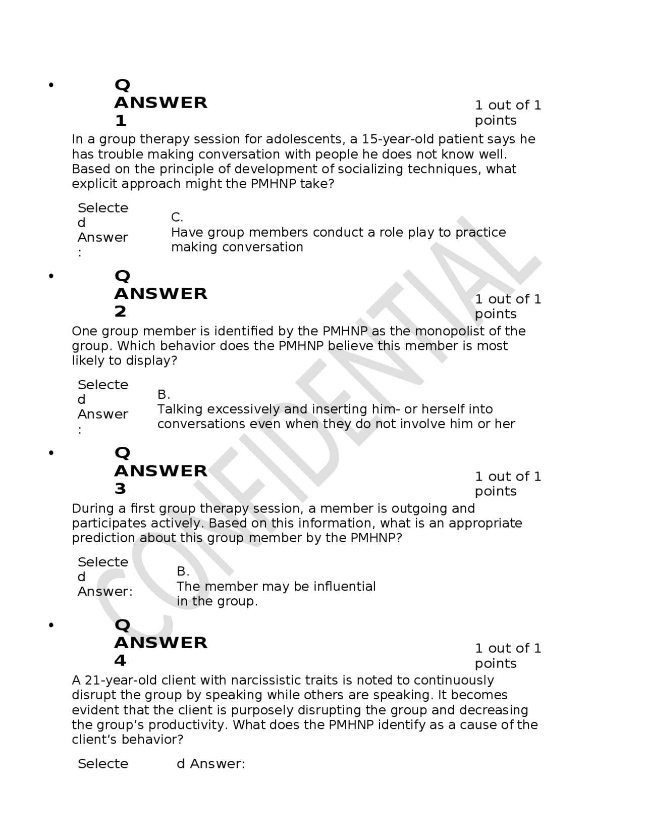 Group Therapy: Multiple Choice Questions and Answers | Exams Nursing | Docsity