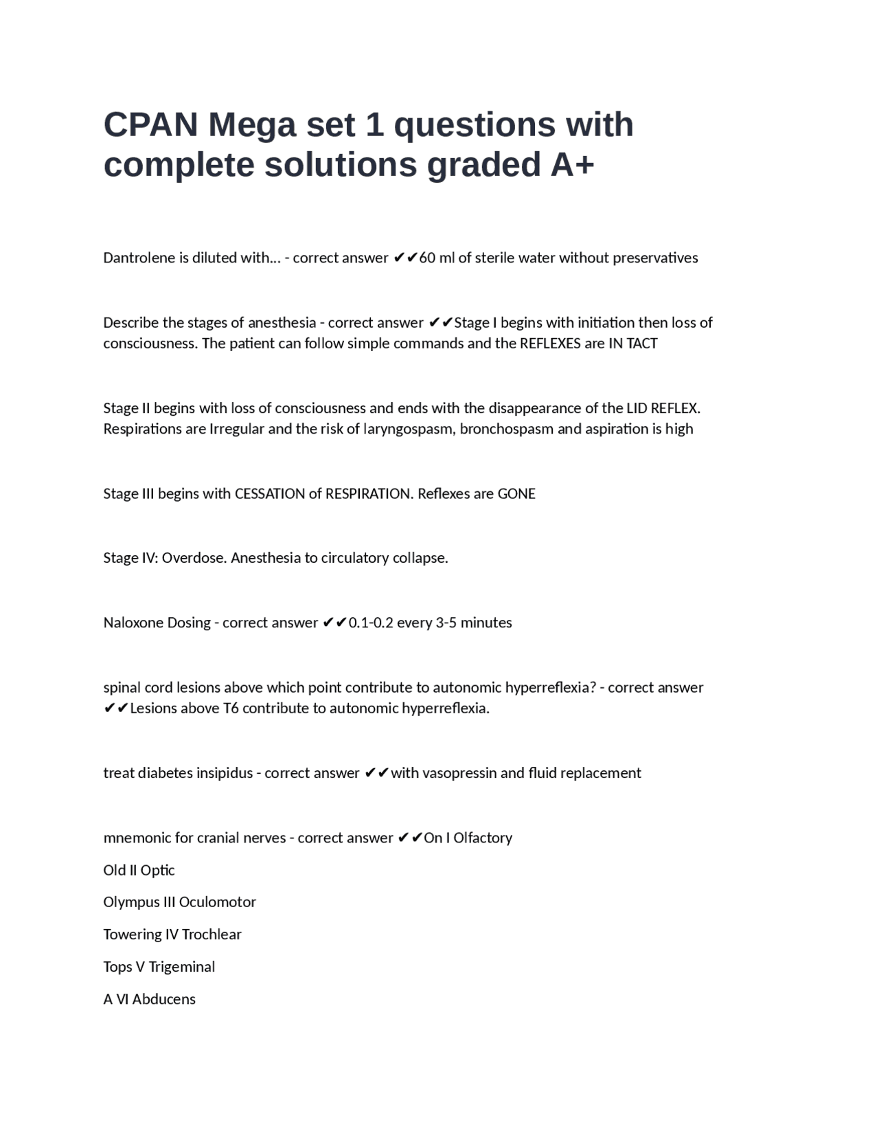 CPAN Mega set 1 questions with complete solutions graded A+ | Exams Nursing | Docsity