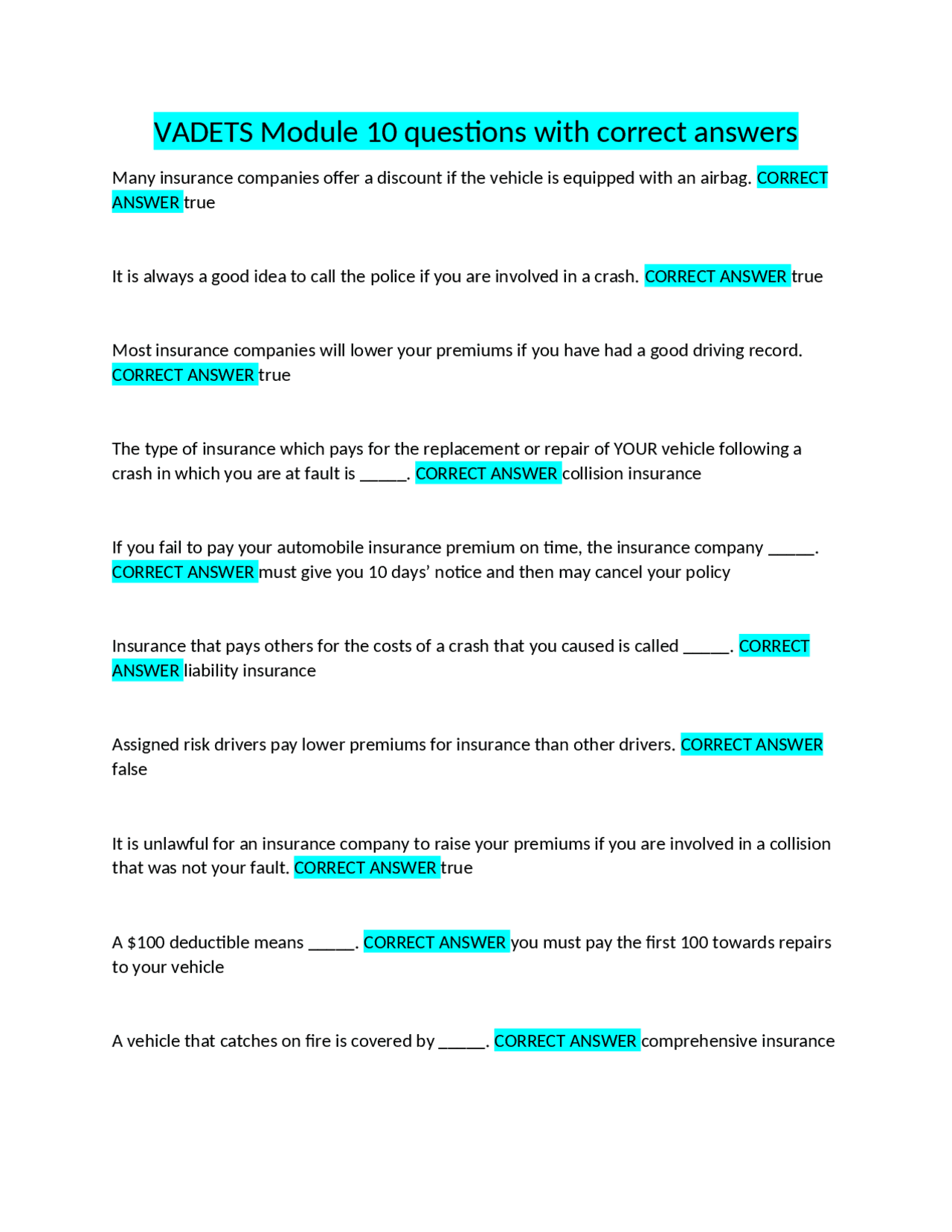 VADETS Module 10: Automobile Insurance and Vehicle Ownership | Exams ...
