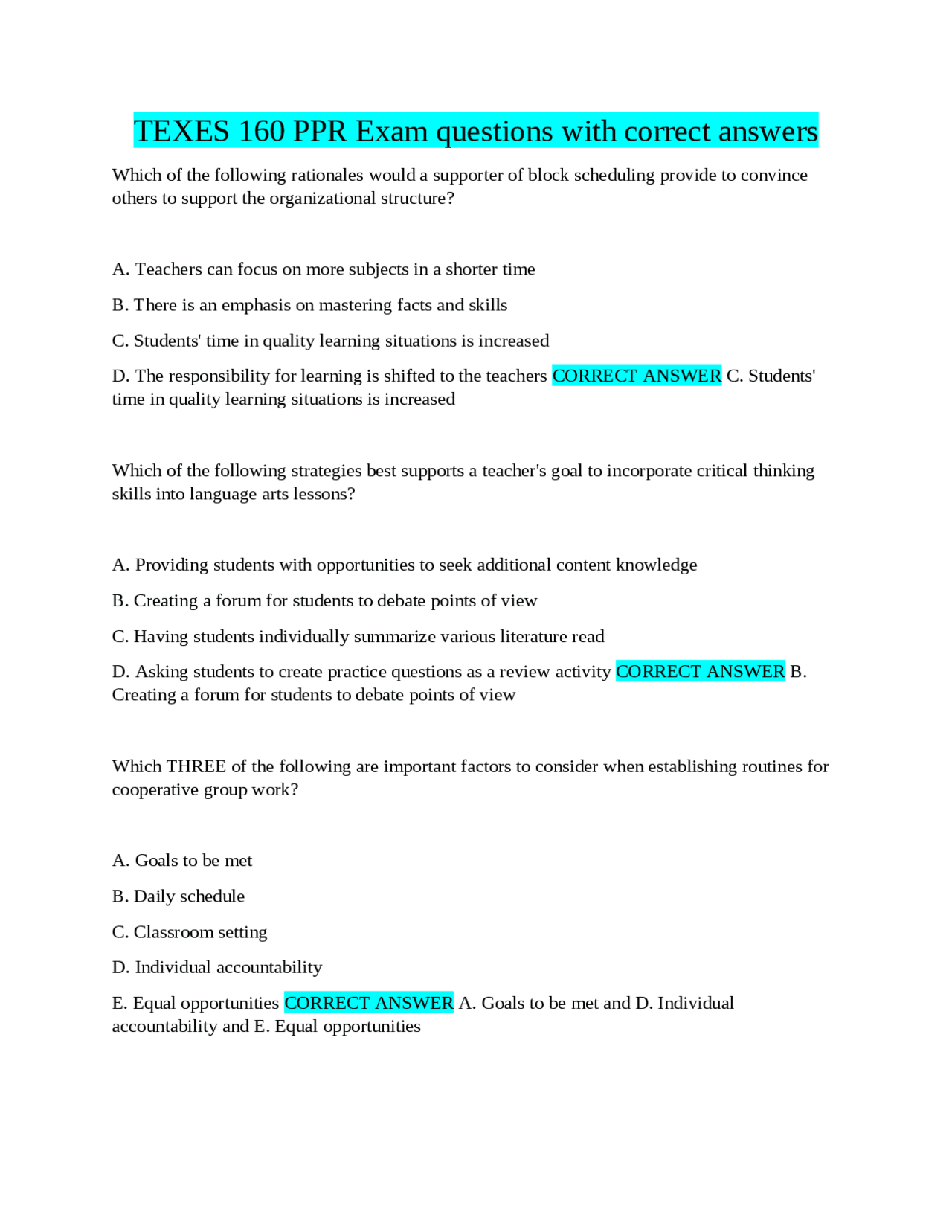 TEXES 160 PPR Exam questions with correct answers | Exams Advanced ...