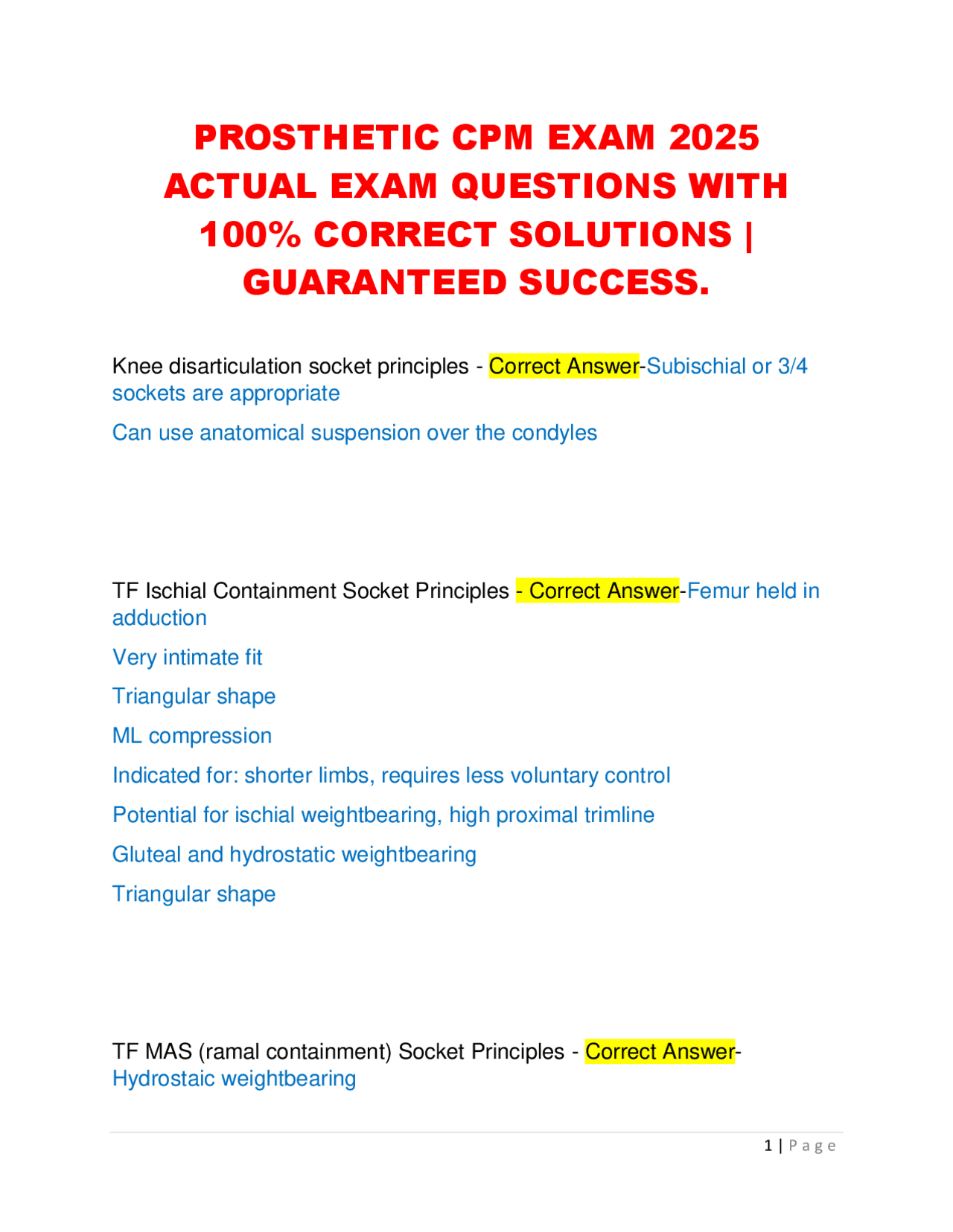 PROSTHETIC CPM EXAM 2025 ACTUAL EXAM QUESTIONS WITH 100% CORRECT ...