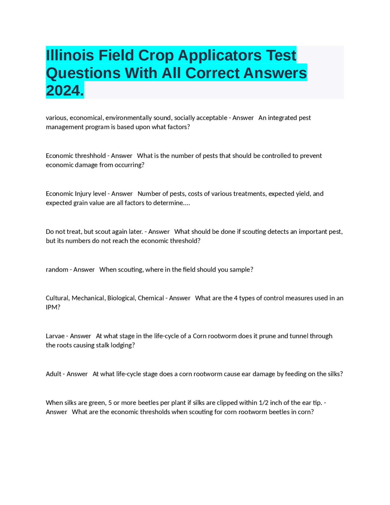 Illinois Field Crop Applicators Test: Questions and Answers 2024 ...