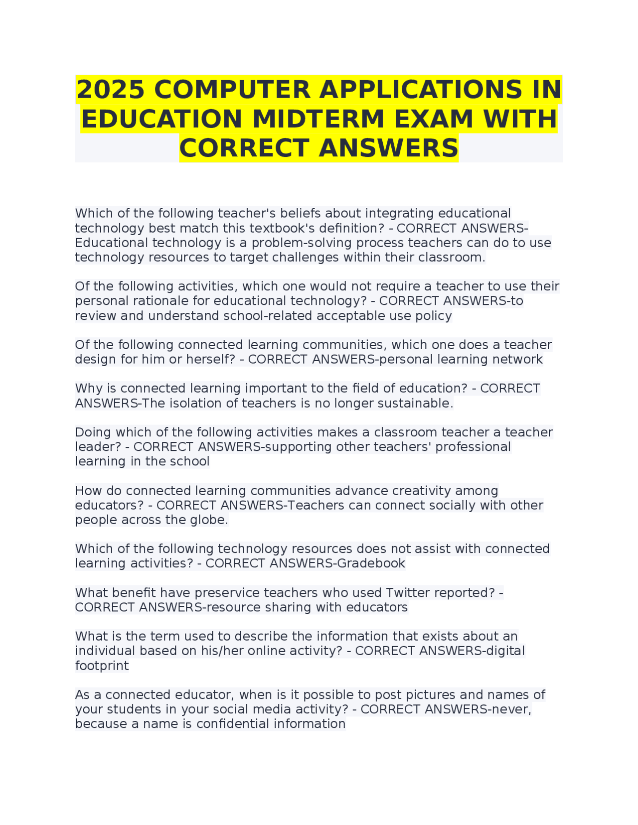 Computer Applications in Education Midterm Exam with Correct Answers ...